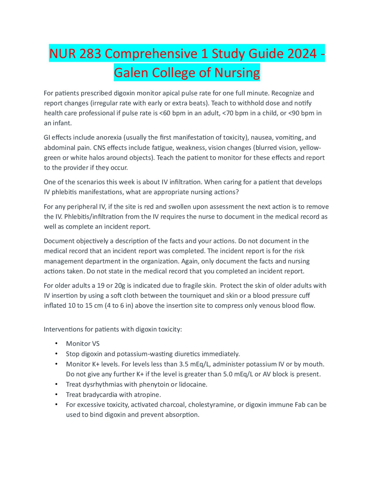 NUR 283 Comprehensive 1 Study Guide 2024 - Galen College of Nursing ...