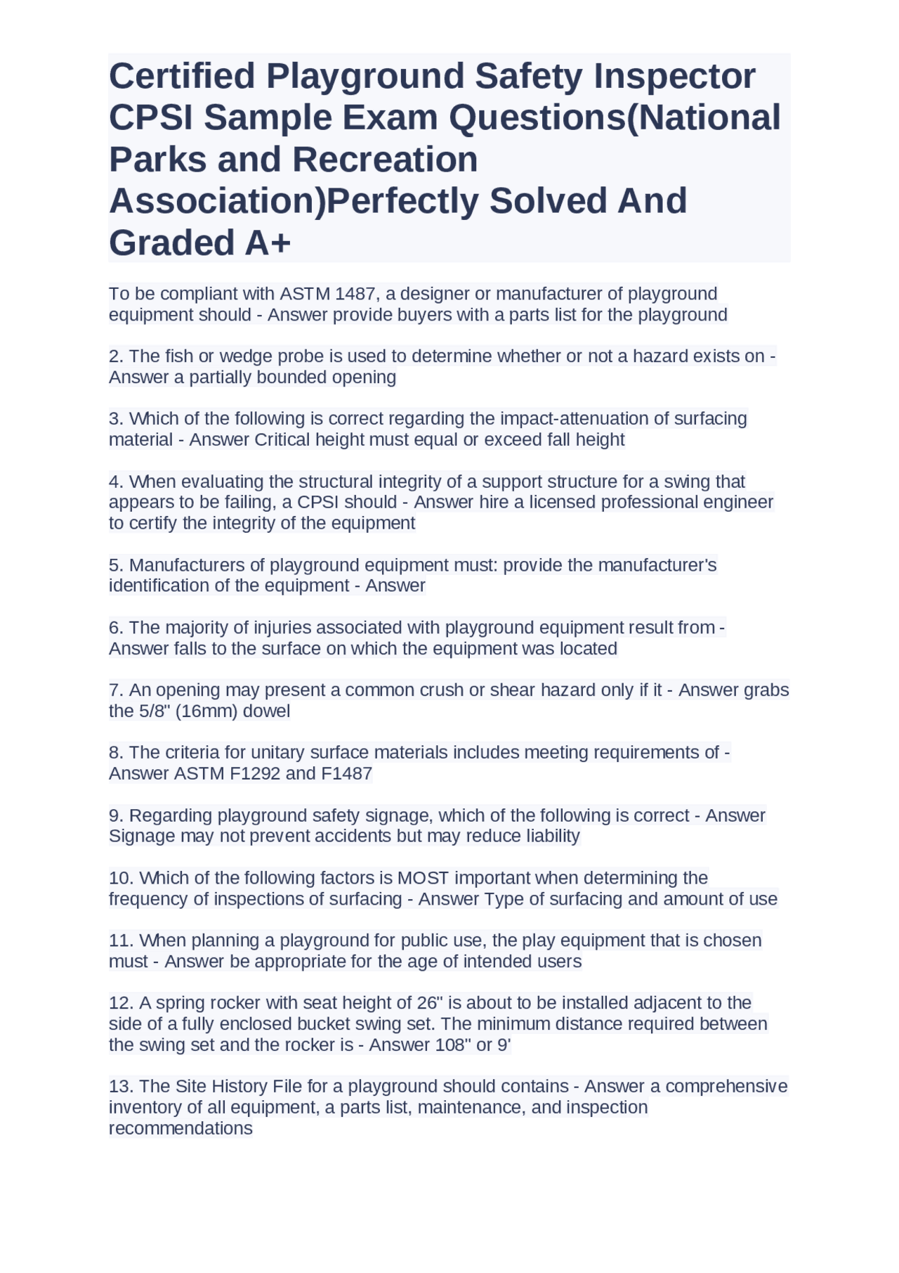 Certified Playground Safety Inspector CPSI Sample Exam Questions ...