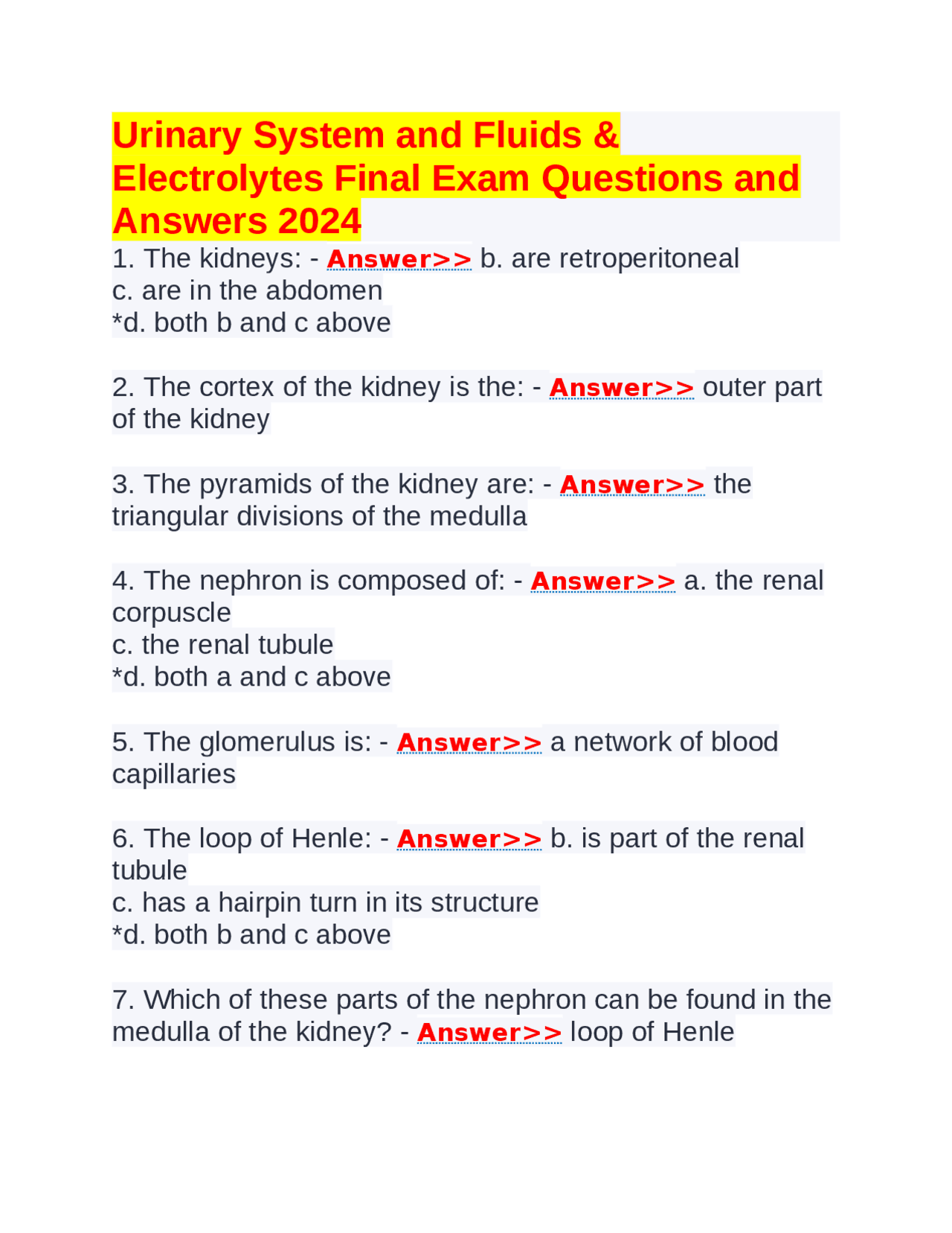 Urinary System and Fluids & Electrolytes Final Exam Questions and ...