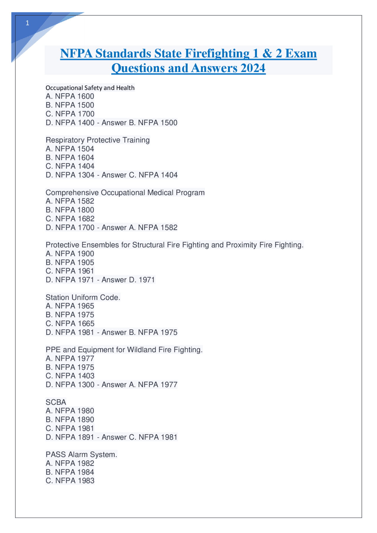 NFPA Standards State Firefighting 1 & 2 Exam Questions and Answers 2024 ...
