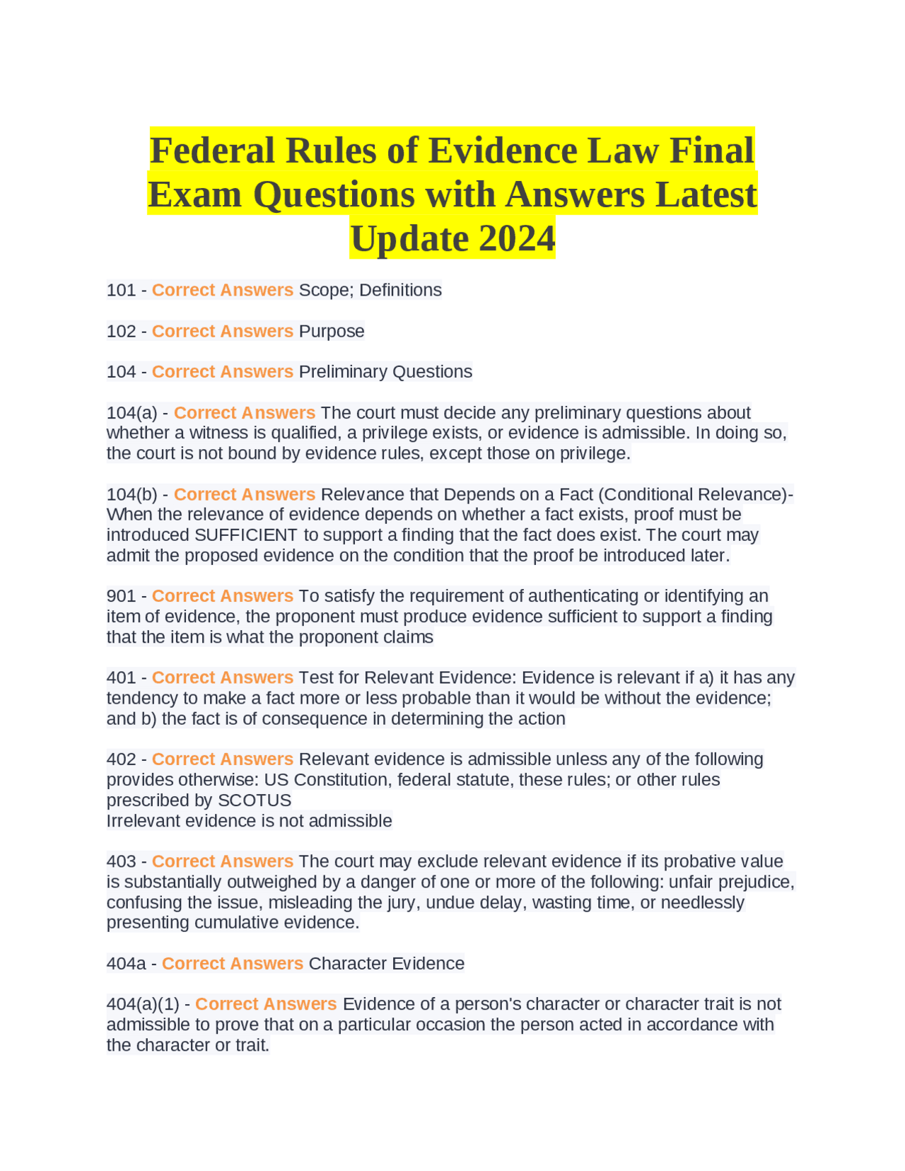 Federal Rules of Evidence Law Final Exam Questions with Answers Latest ...