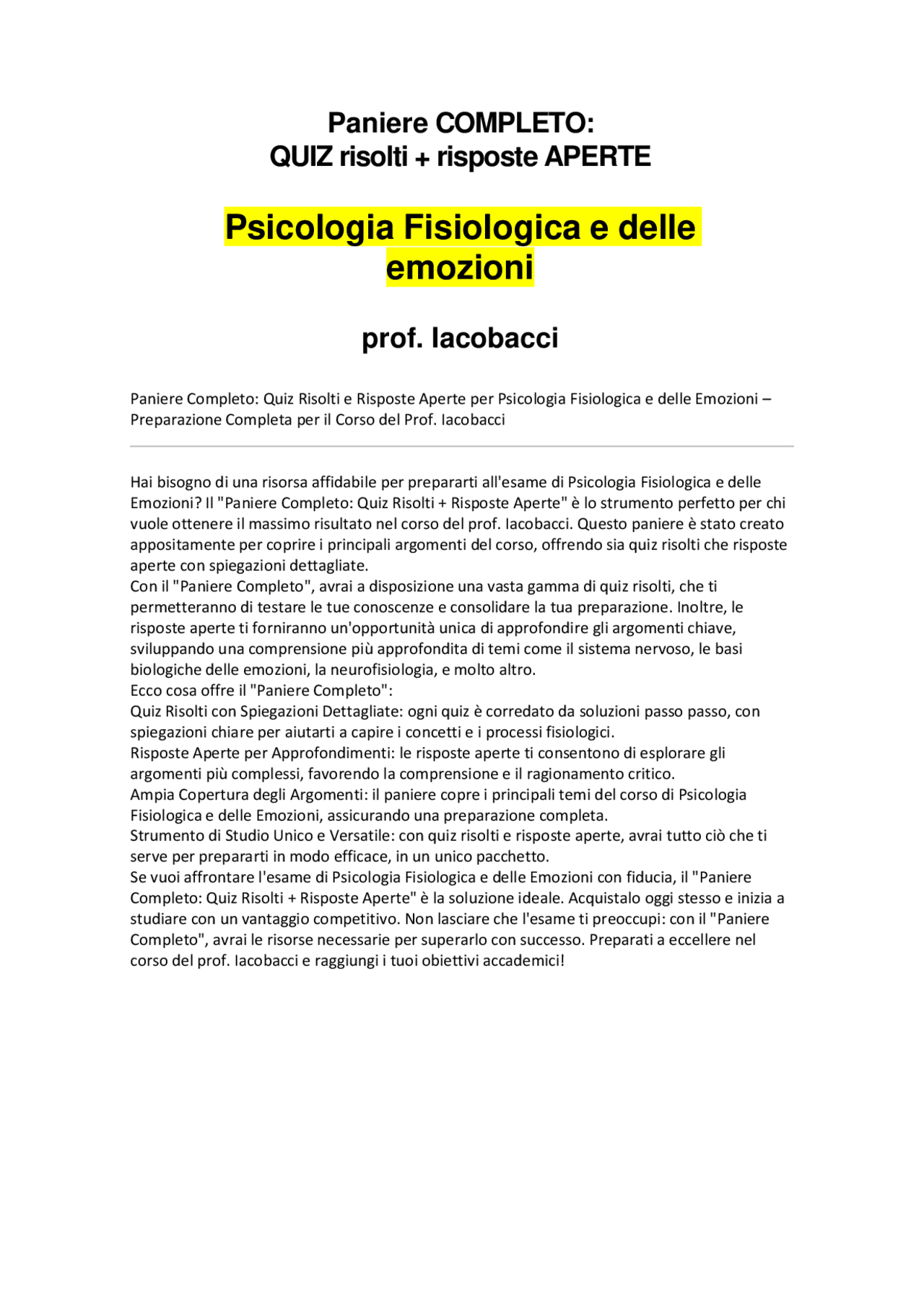 Psicologia Fisiologica e delle emozioni prof. Iacobacci ECAMPUS ...