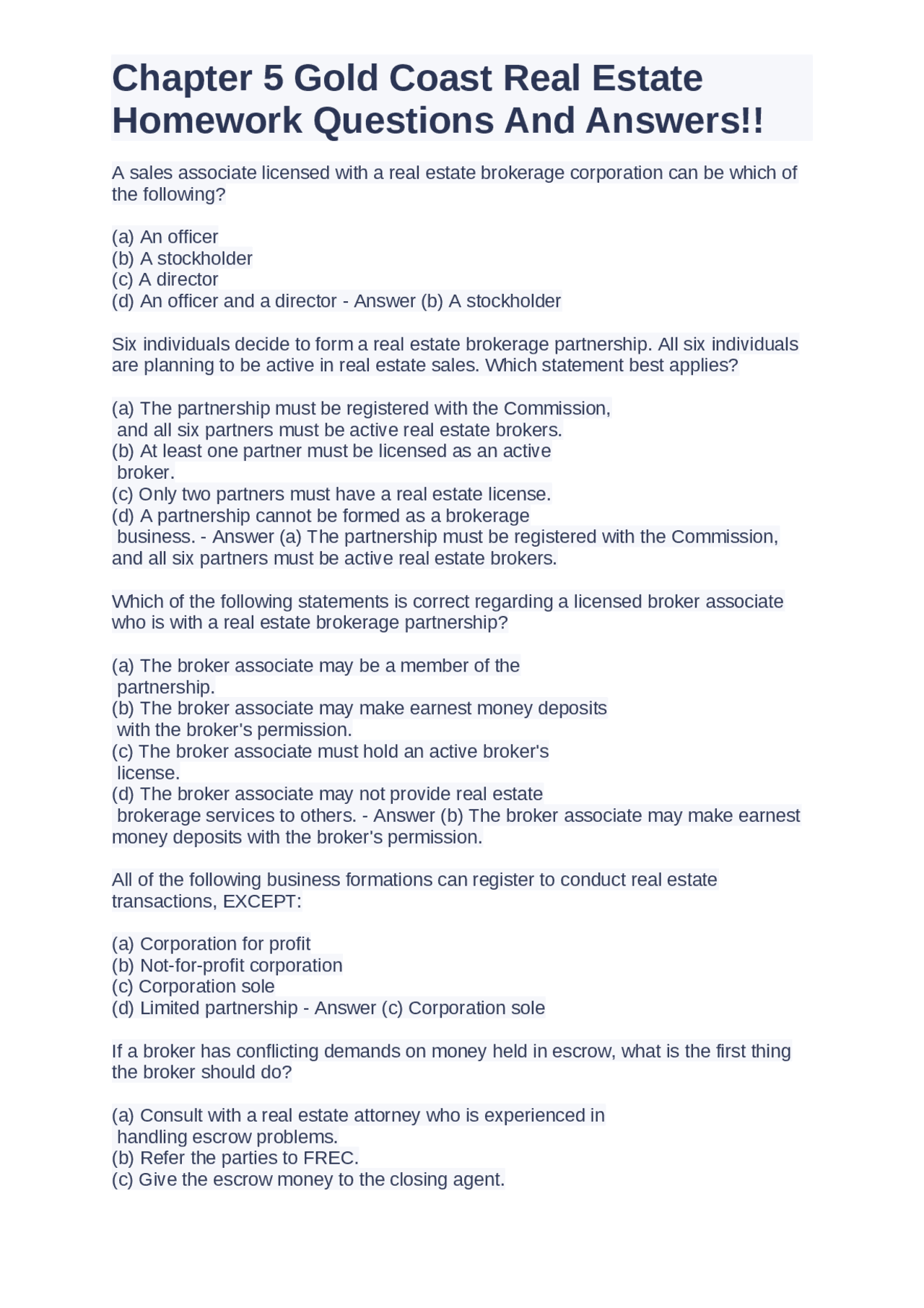 Chapter 5 Gold Coast Real Estate Homework Questions And Answers ...