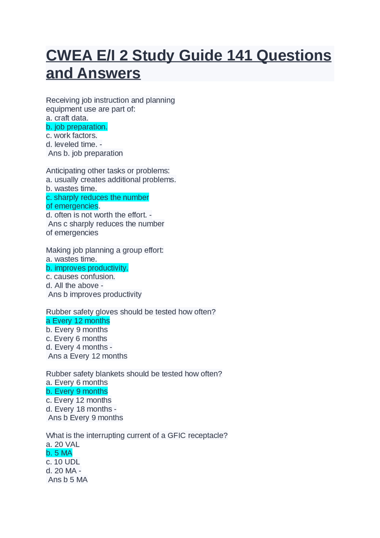 CWEA E/I 2 Study Guide 141 Questions and Answers | Exams Environmental ...