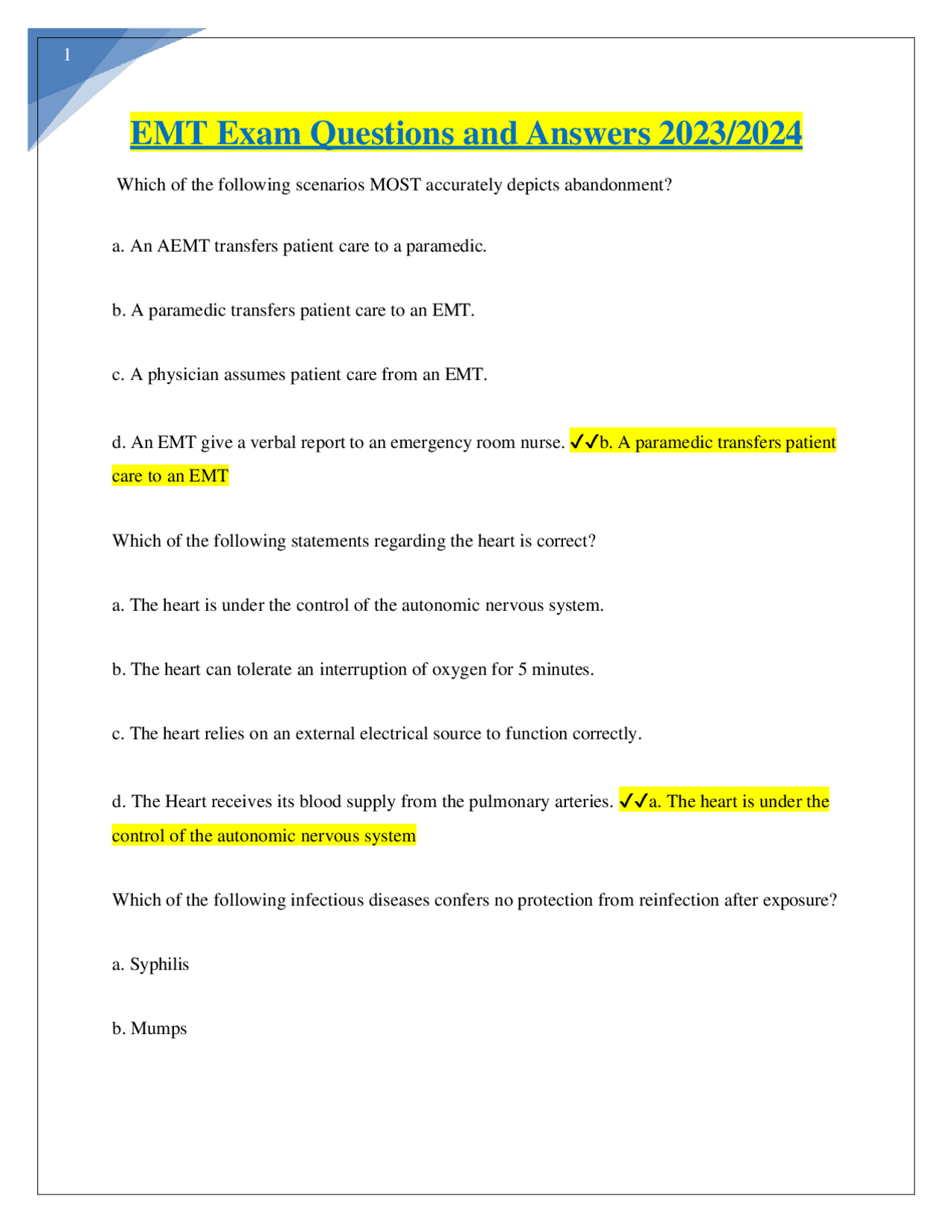 EMT Exam Questions and Answers 2023/2024 | Exams Nursing | Docsity
