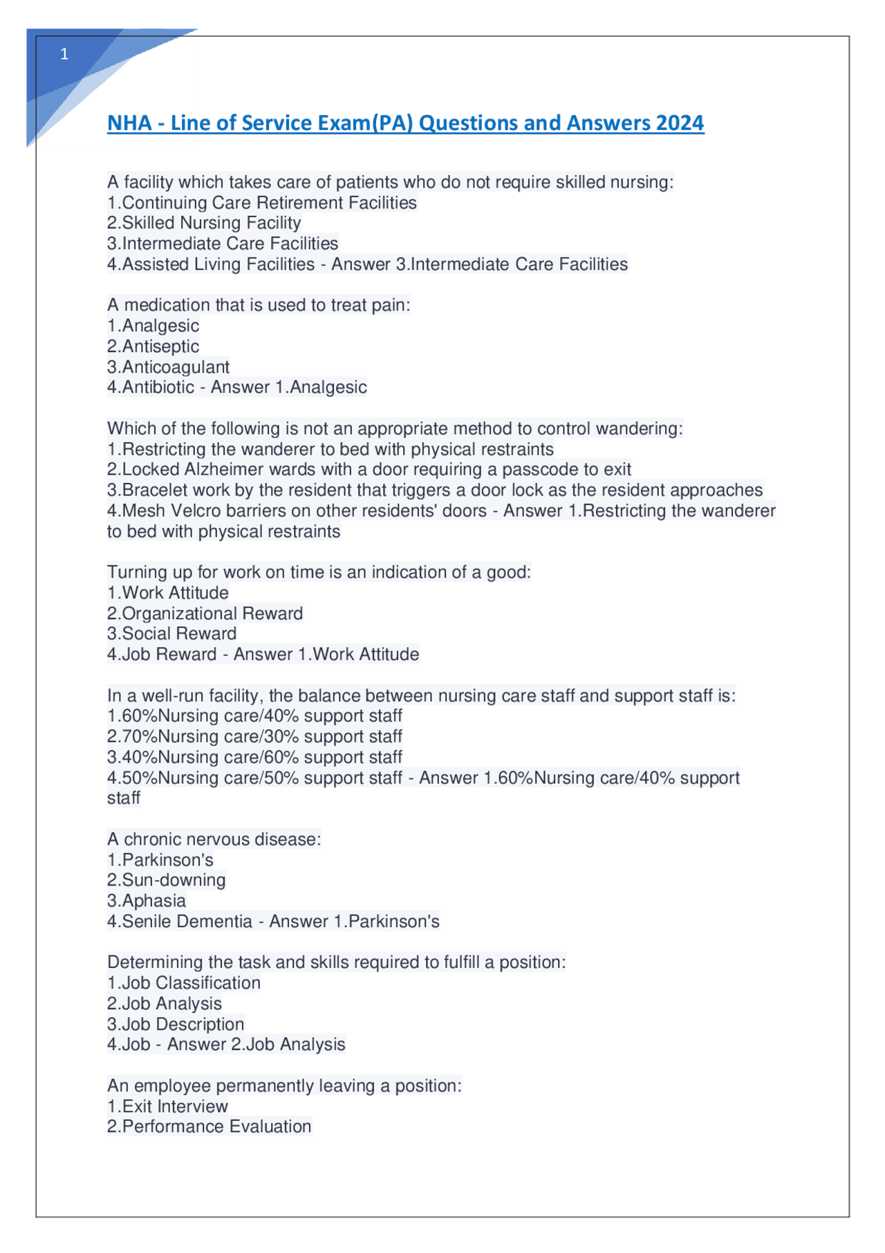 NHA - Line of Service Exam (PA) Questions and Answers 2024 | Exams ...