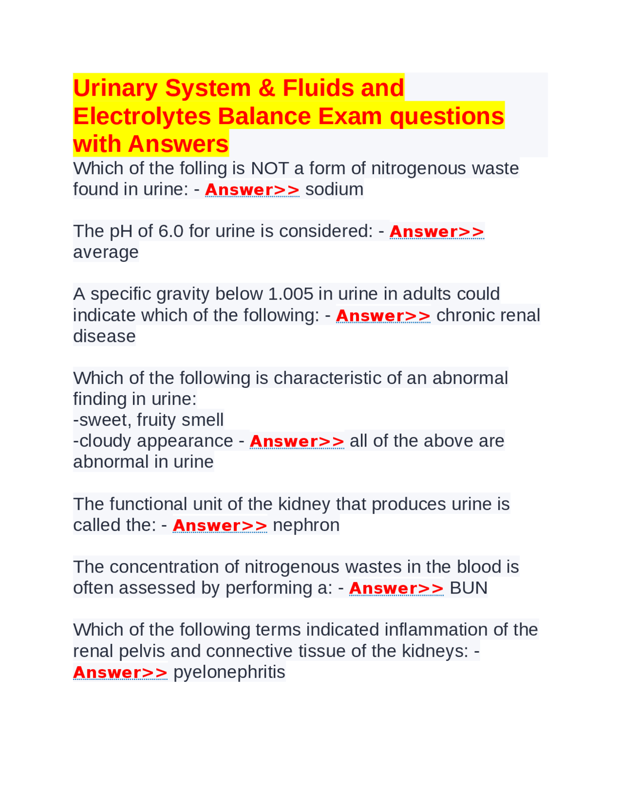 Urinary System & Fluids and Electrolytes Balance Exam questions with ...