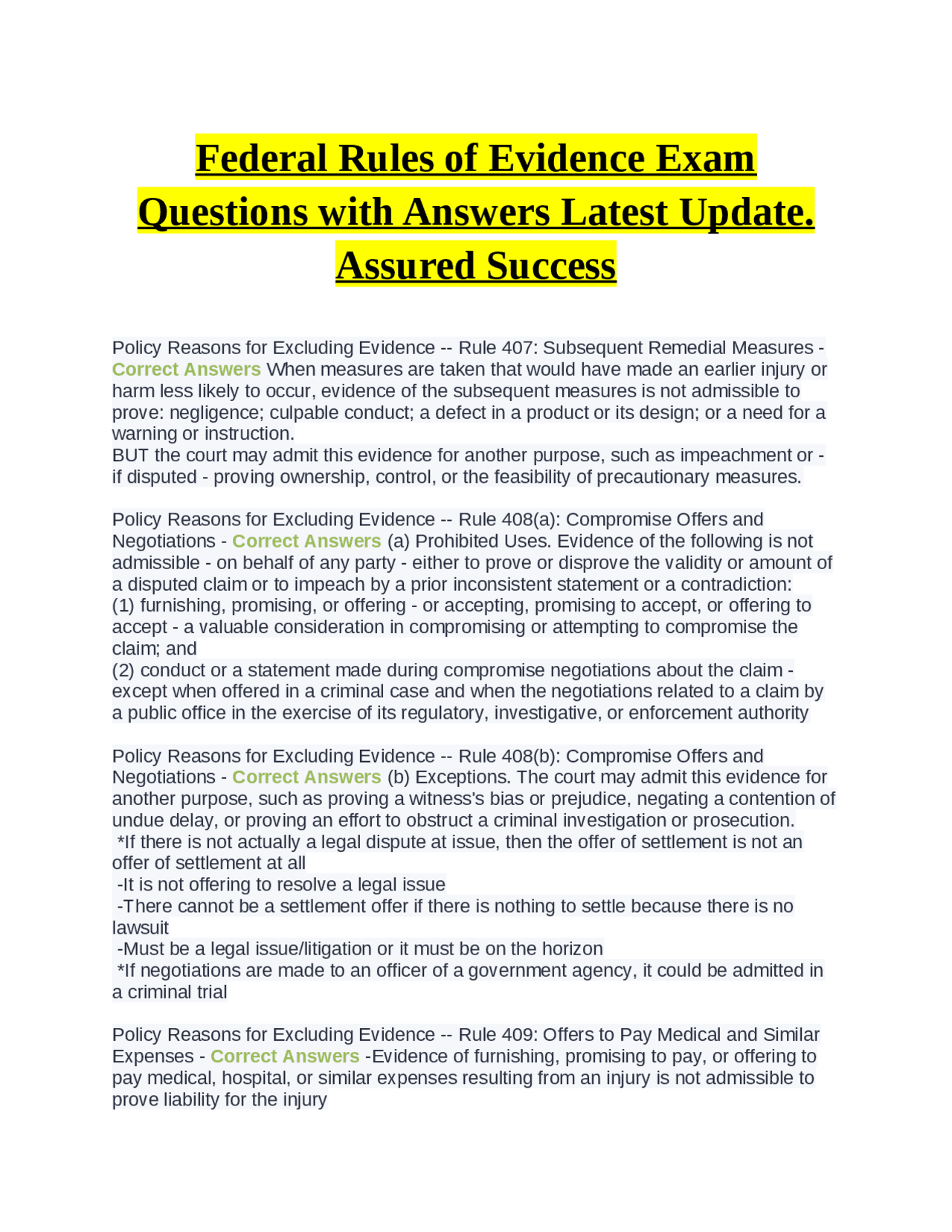 Federal Rules of Evidence Exam Questions with Answers Latest Update ...