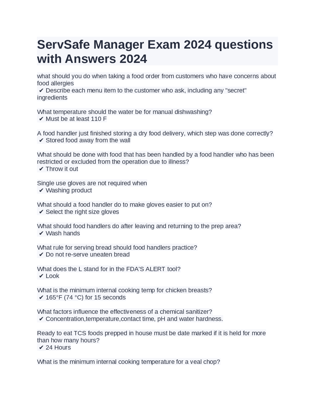 ServSafe Manager Exam 2024 questions with Answers 2024 | Exams Medicine ...