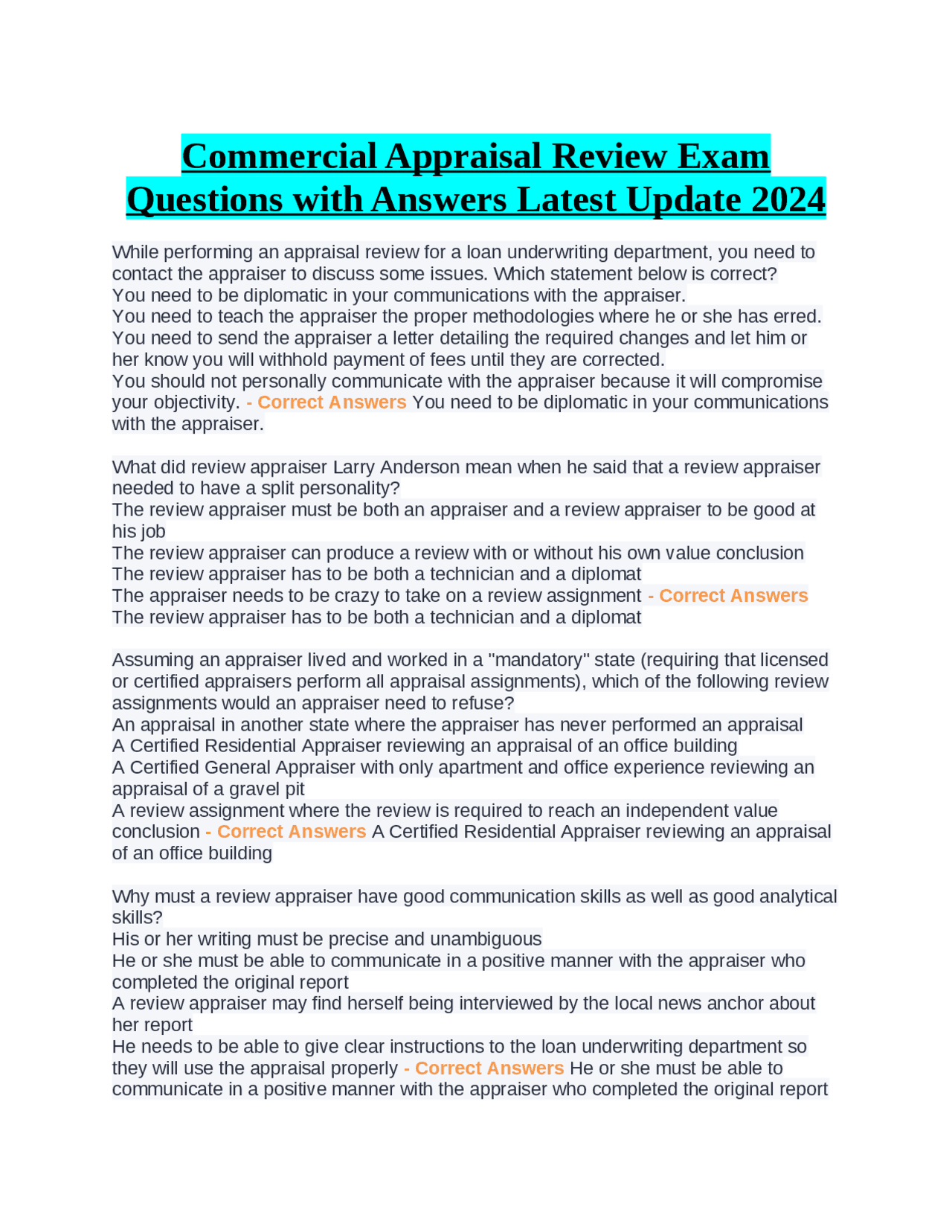 Commercial Appraisal Review Exam Questions with Answers Latest Update ...