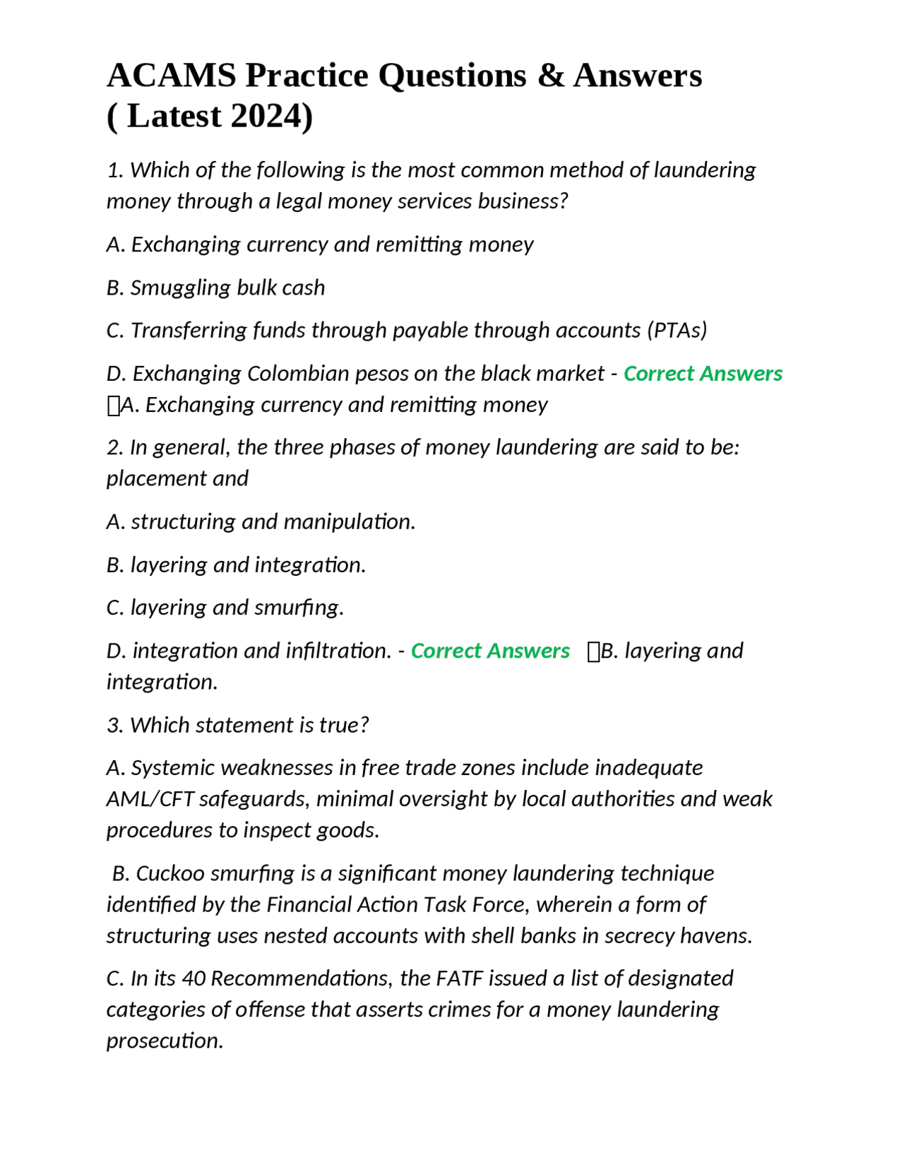 ACAMS Practice Questions & Answers ( Latest 2024) | Exams Nursing | Docsity