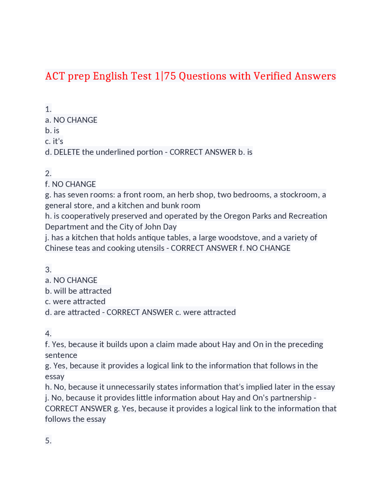ACT prep English Test 1|75 Questions with Verified Answers,100% CORRECT ...