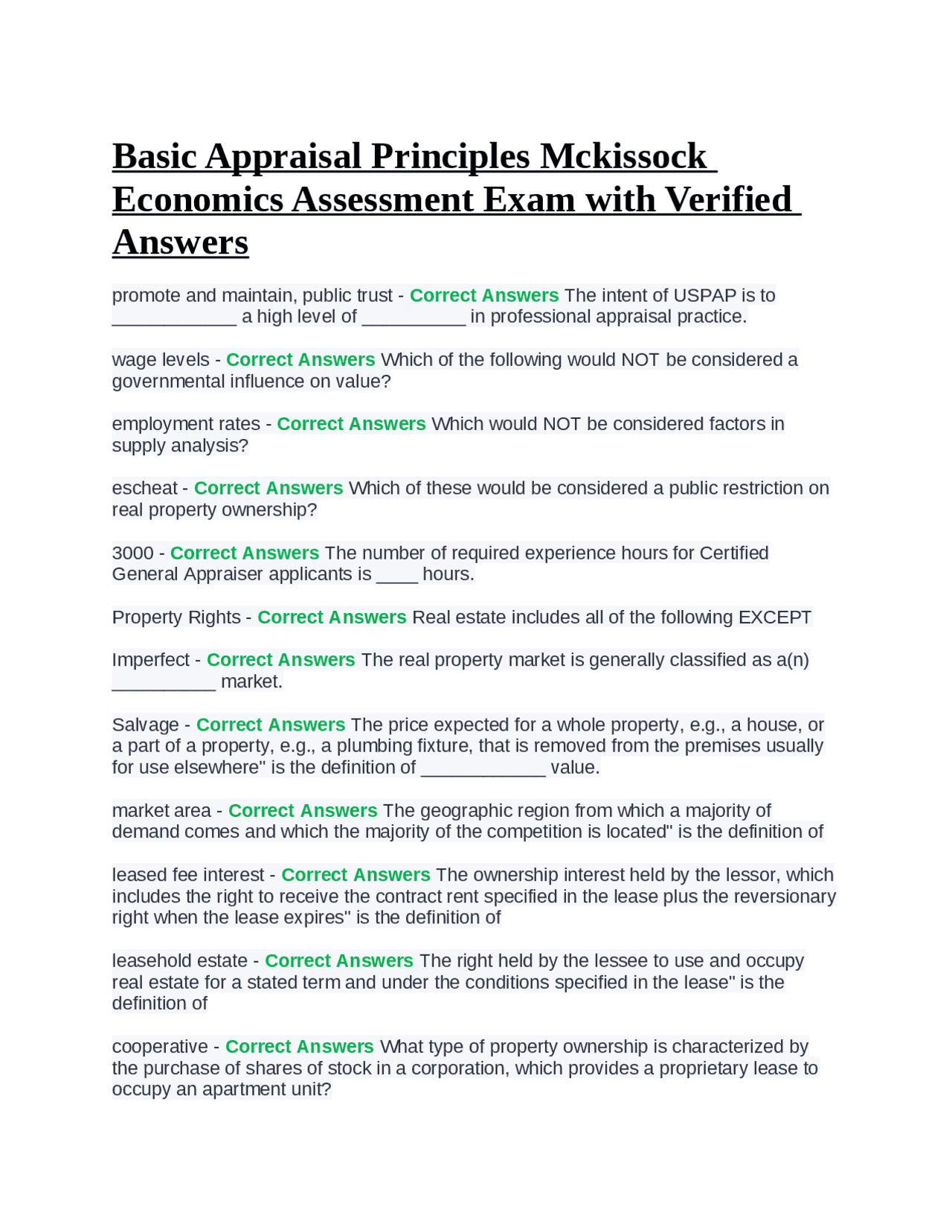 Basic Appraisal Principles Mckissock Economics Assessment Exam with ...