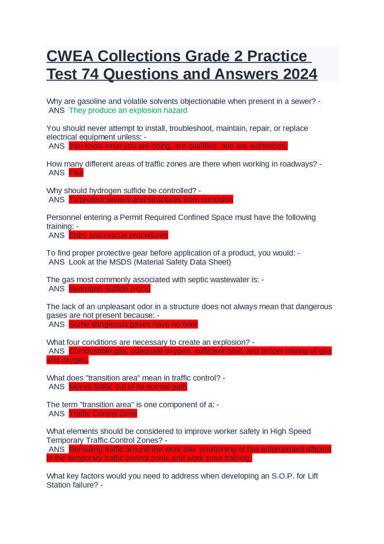 CWEA Collections Grade 2 Practice Test 74 Questions and Answers 2024 ...