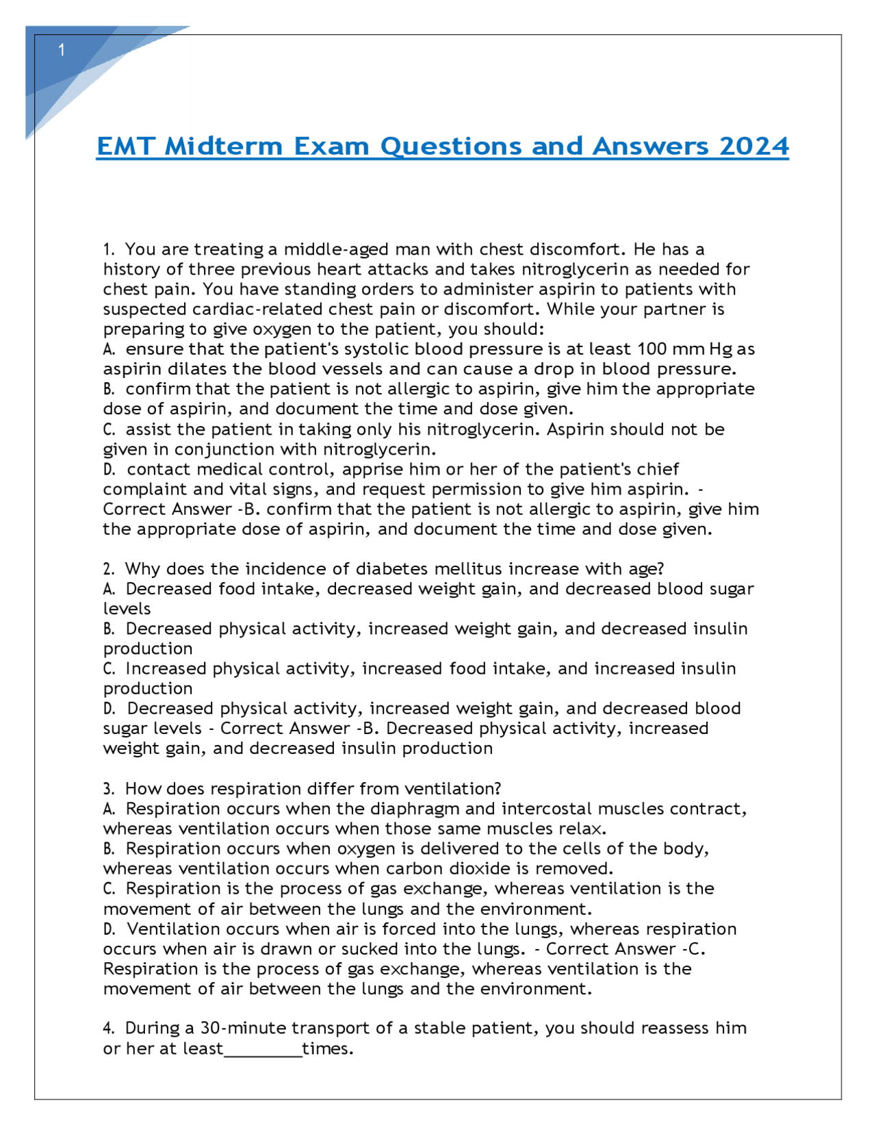 EMT Midterm Exam Questions and Answers 2024 | Exams Nursing | Docsity