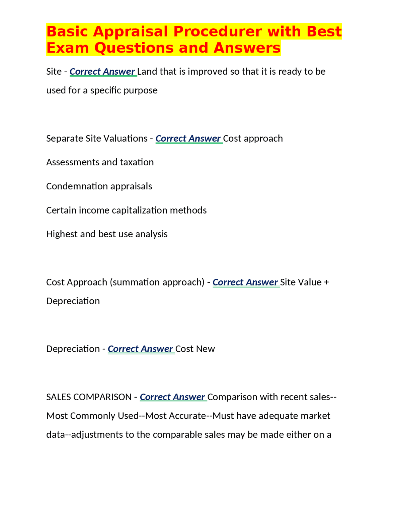 Basic Appraisal Procedures with Best Exam Questions and Answers | Exams Nursing | Docsity