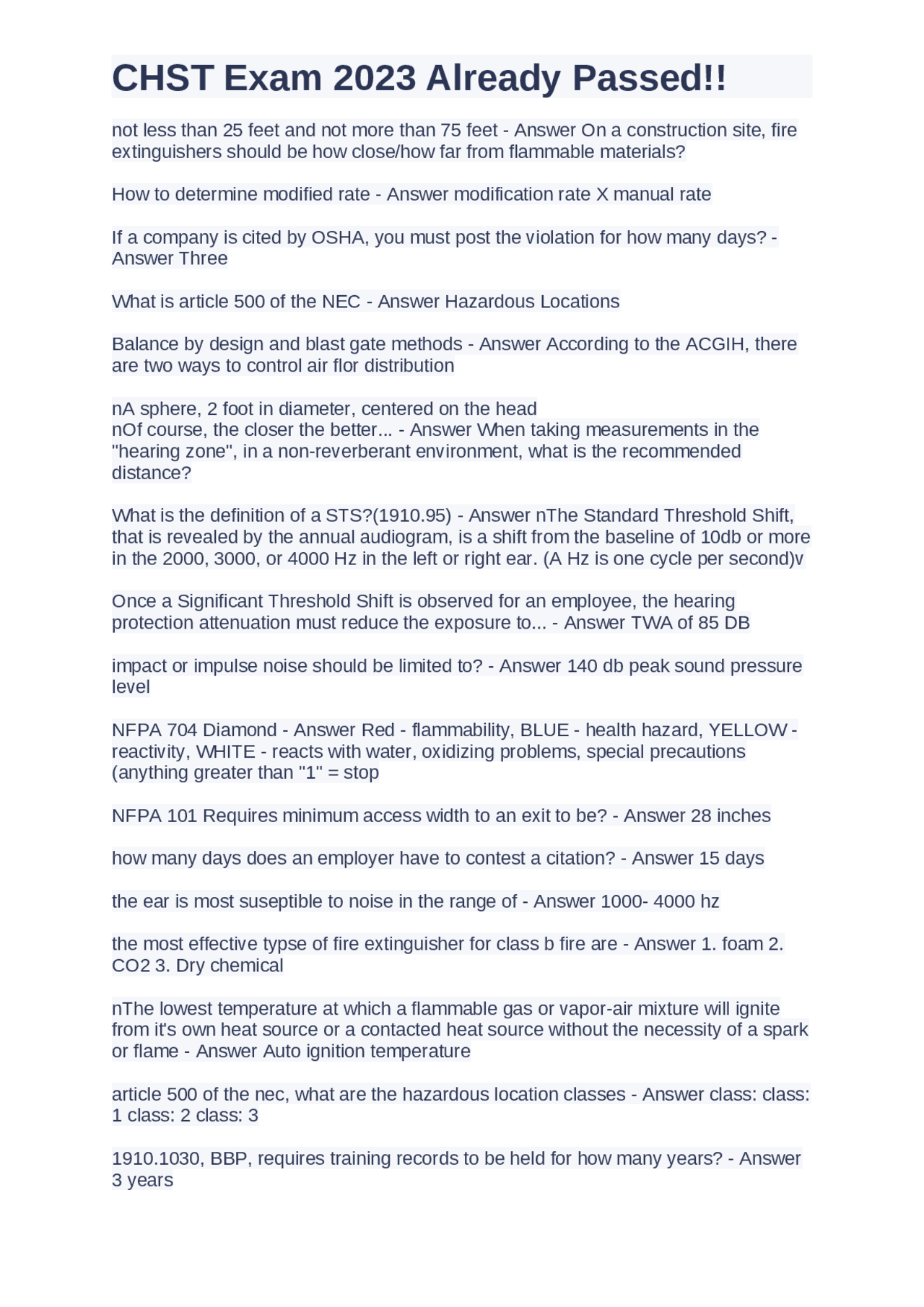 CHST Exam 2023 Already Passed!!. | Exams Nursing | Docsity