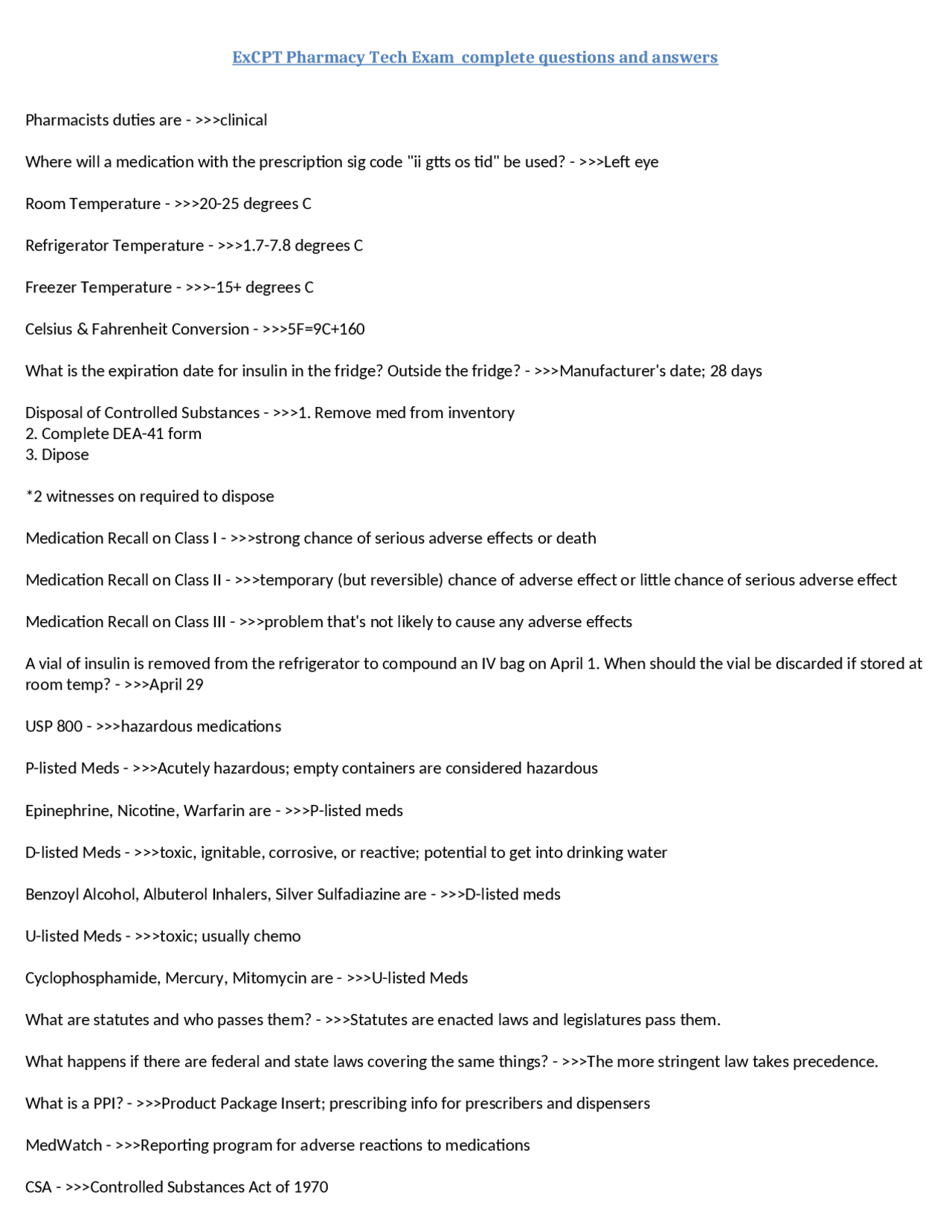 ExCPT Pharmacy Tech Exam complete questions and answers | Exams Social ...