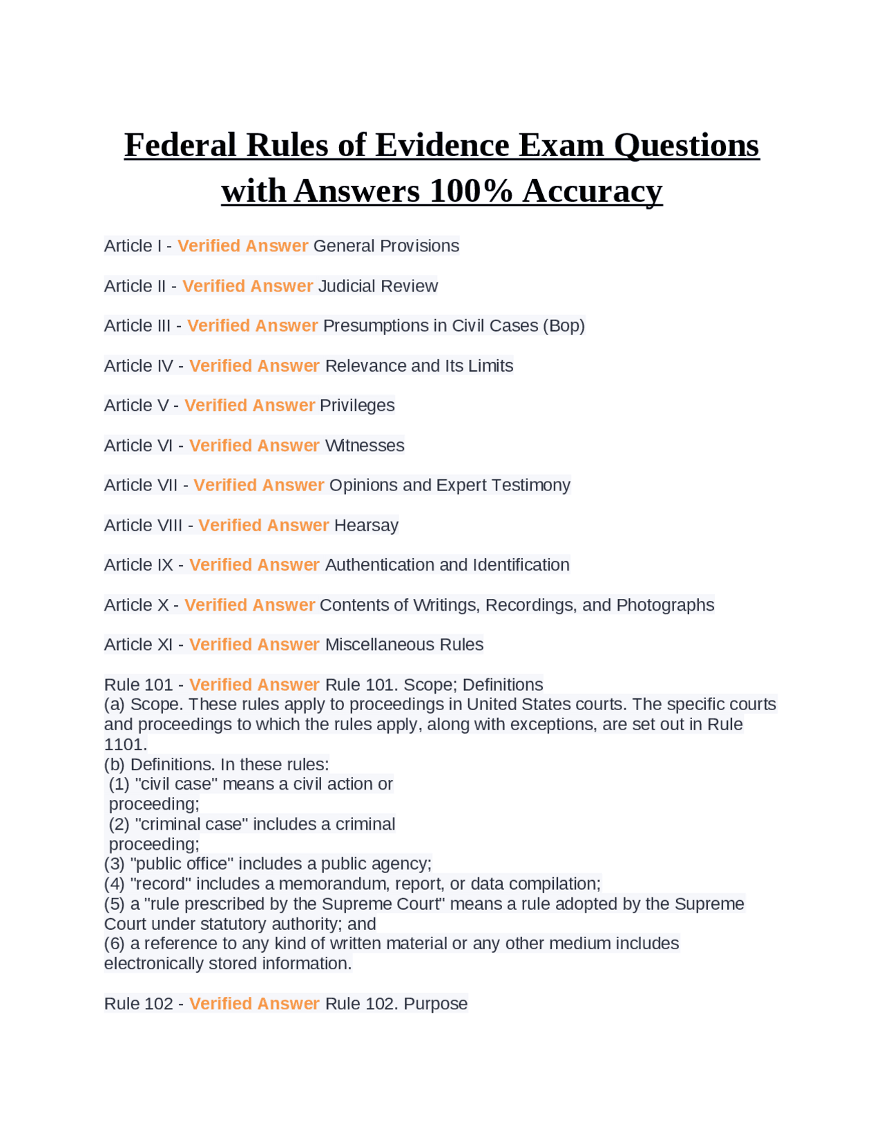 Federal Rules of Evidence Exam Questions with Answers 100% Accuracy ...