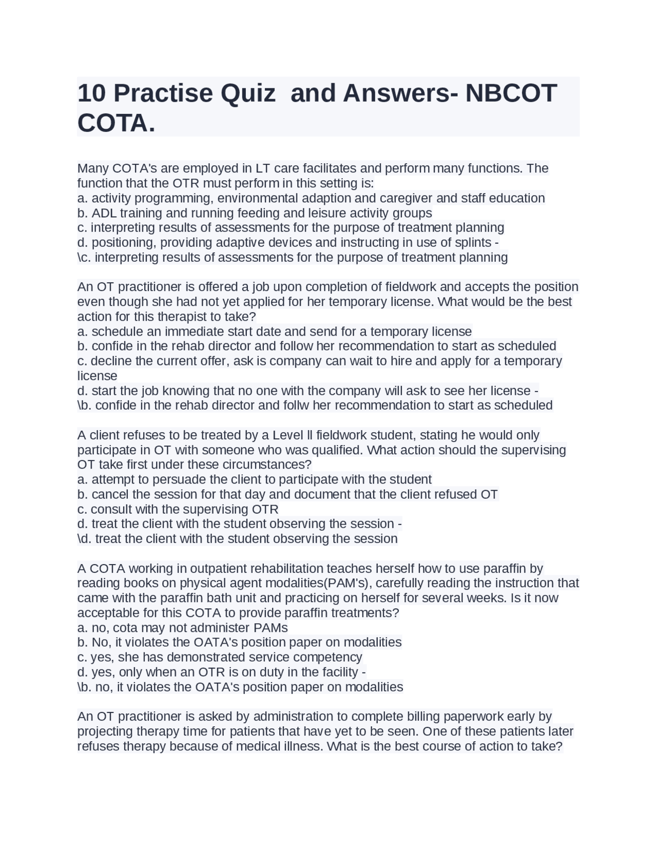 NBCOT Occupational Therapy Practice Quiz Answers | Exams Medicine | Docsity