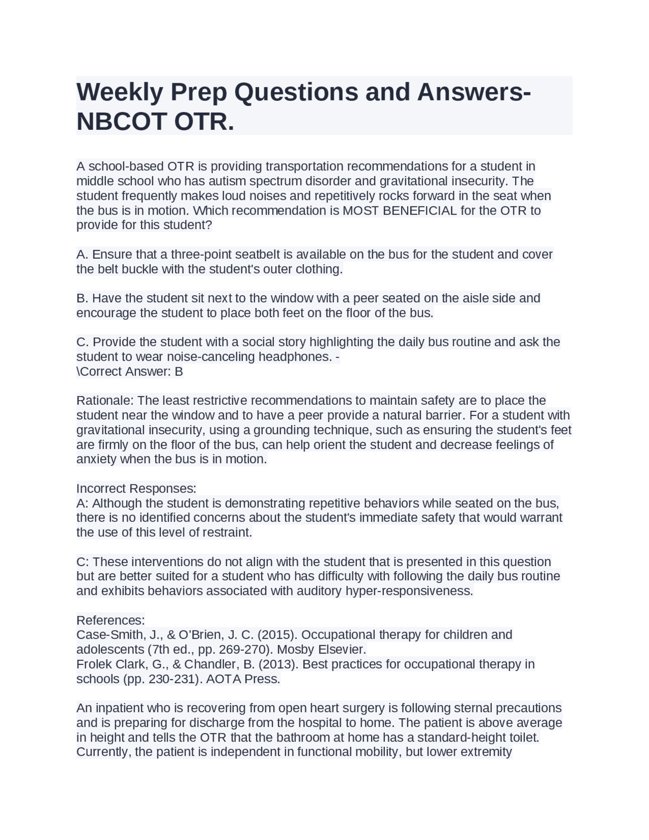 Weekly Prep Questions and Answers-NBCOT OTR. | Exams Medicine | Docsity