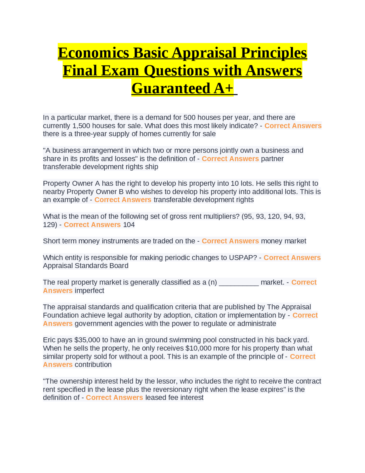 Economics Basic Appraisal Principles Final Exam Questions with Answers ...