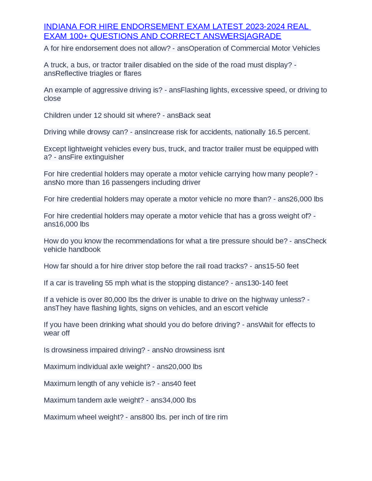 INDIANA FOR HIRE ENDORSEMENT EXAM LATEST 2023-2024 REAL EXAM 100 ...