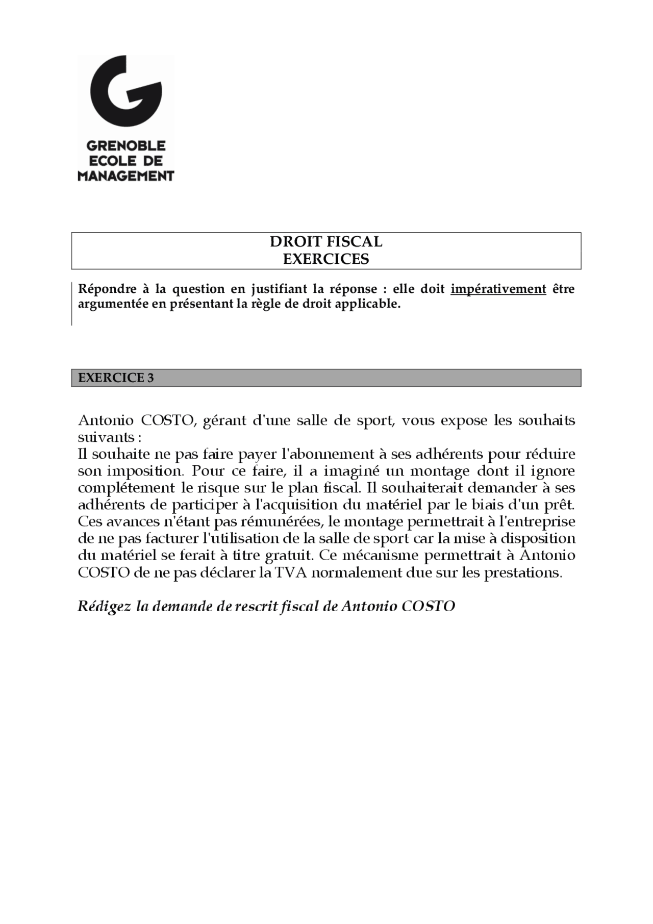 Exercice de droit fiscal | Exercices Droit des Finances publiques | Docsity