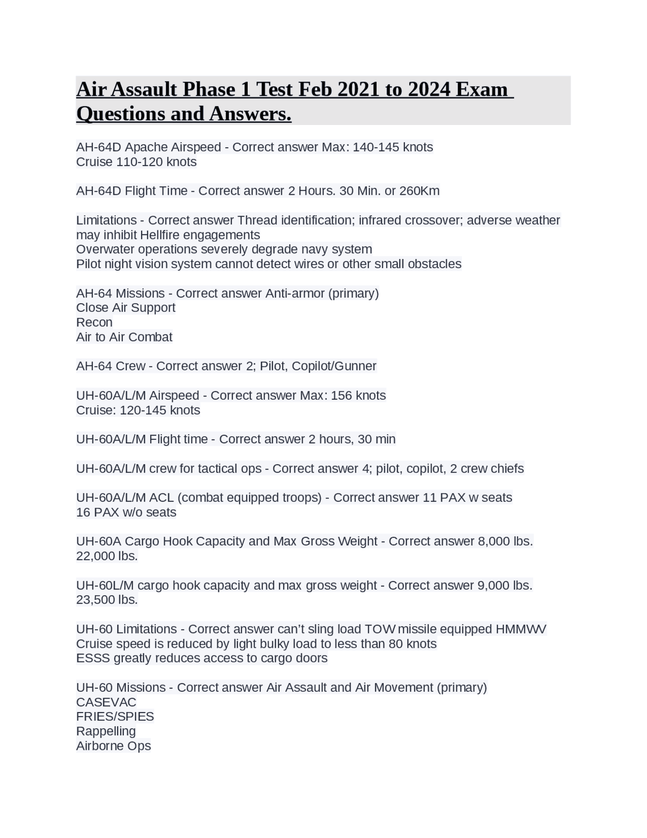 Air Assault Phase 1 Test Feb 2021 to 2024 Exam Questions and Answers ...