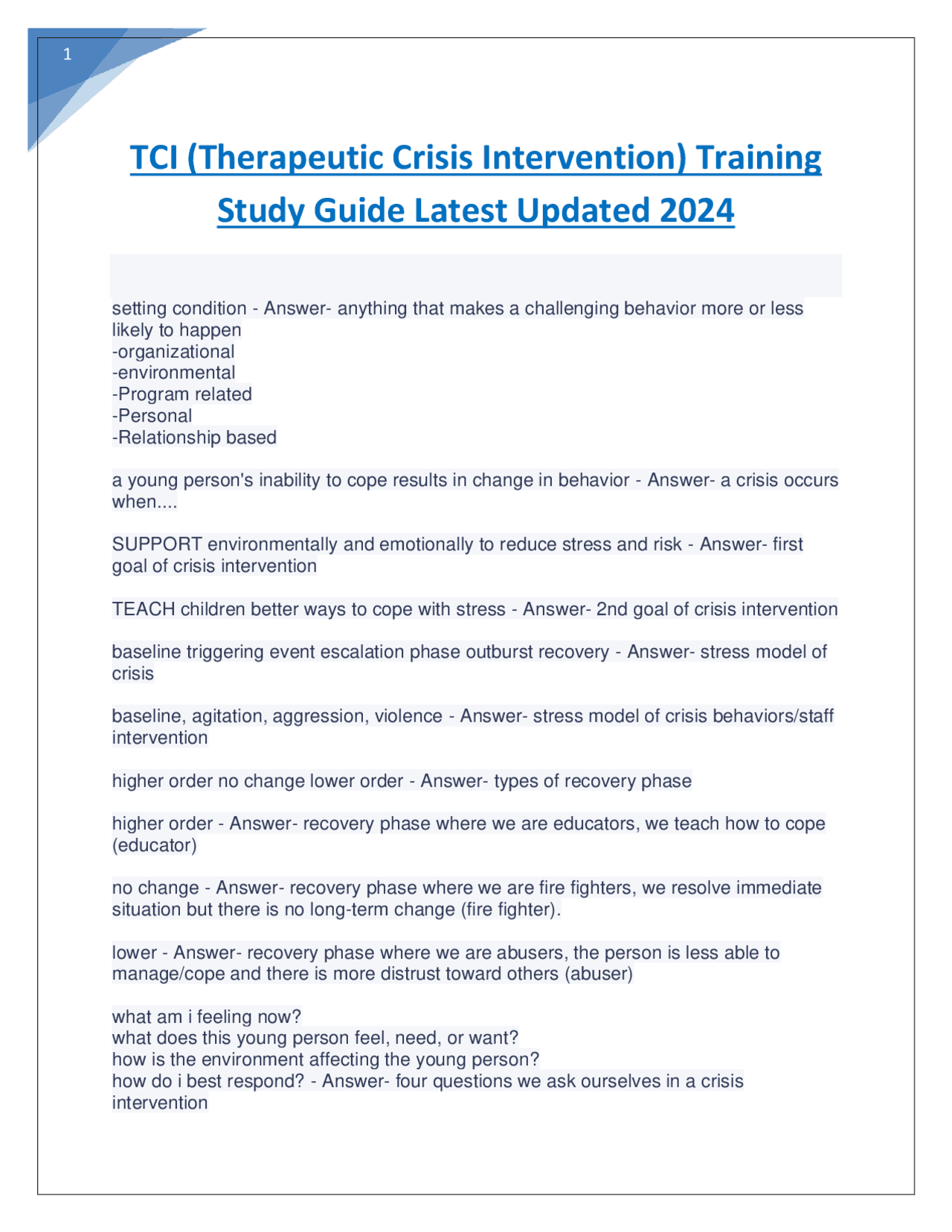 TCI (Therapeutic Crisis Intervention) Training Study Guide Latest ...