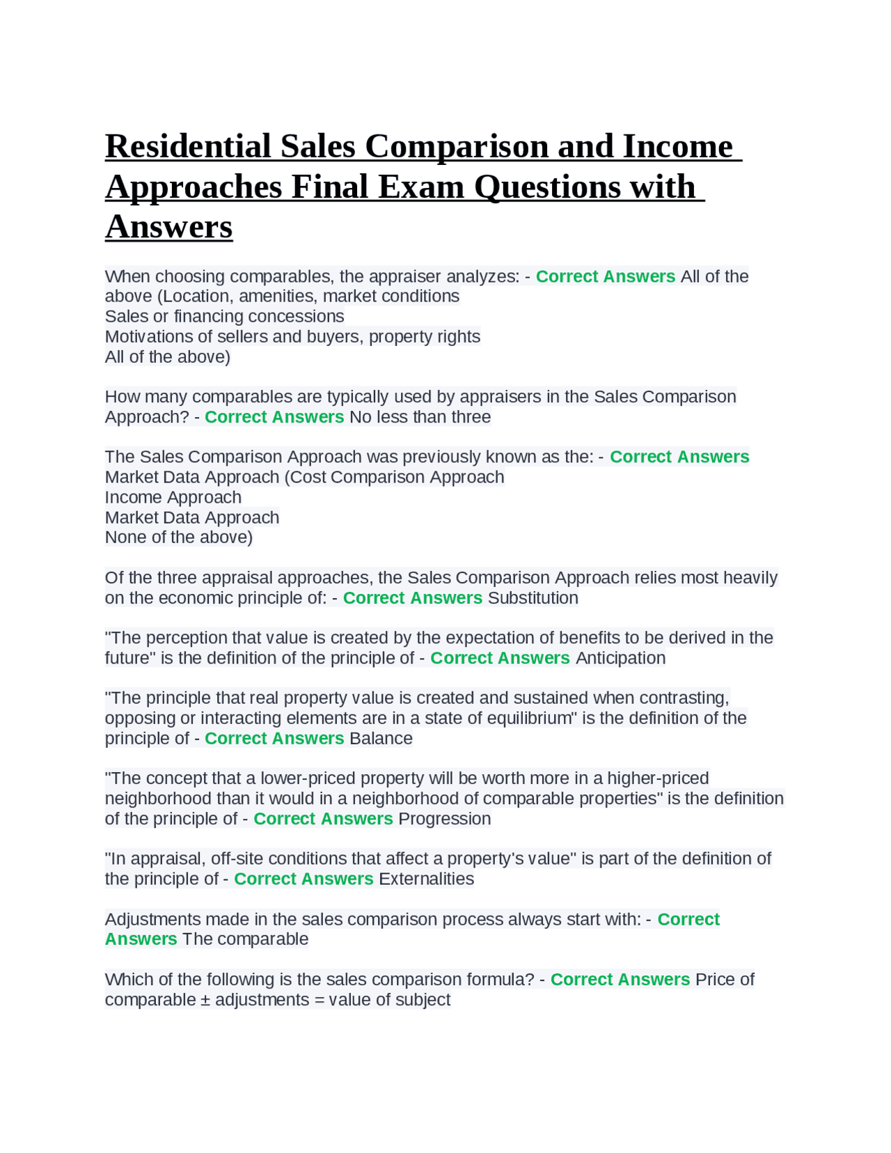 Residential Sales Comparison and Income Approaches Final Exam Questions ...