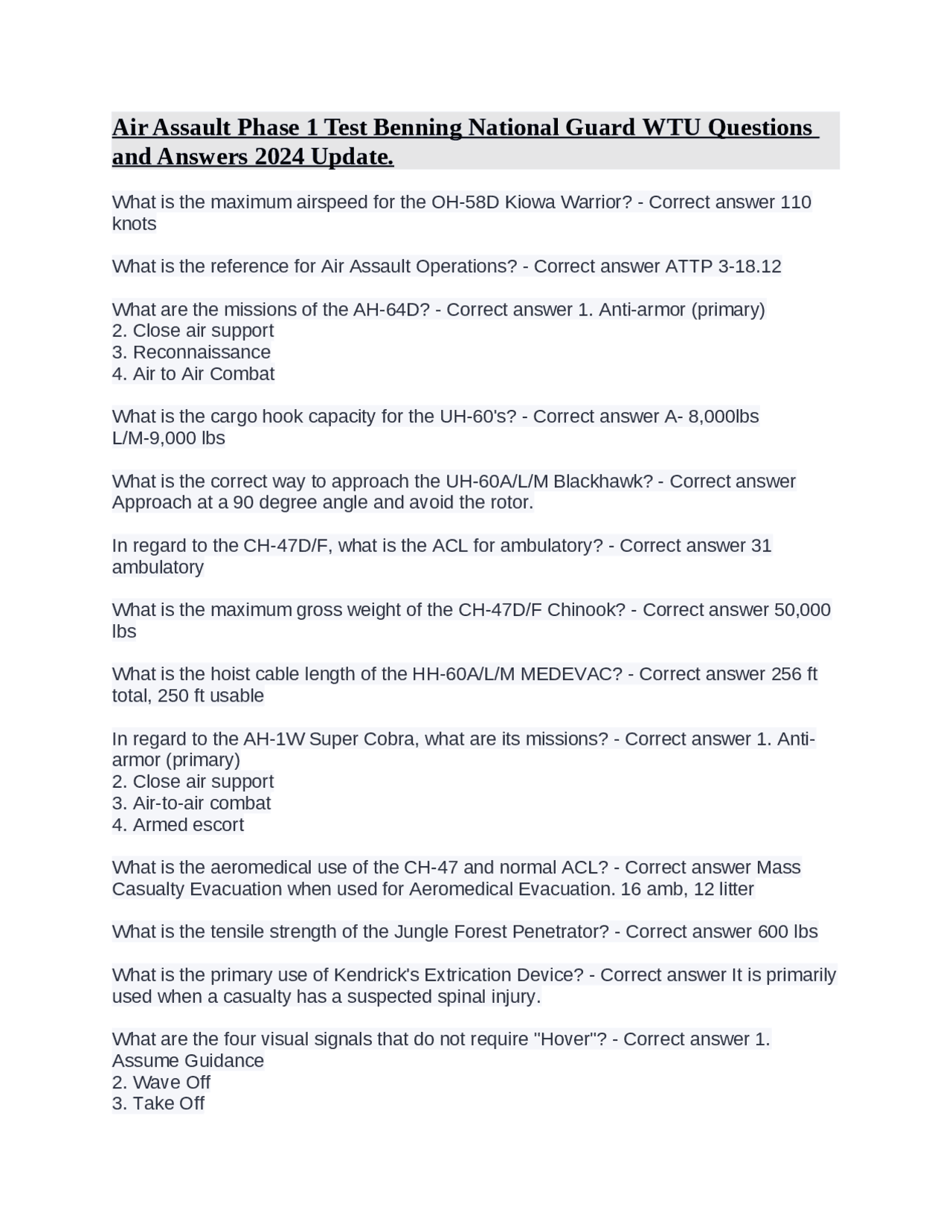 Air Assault Phase 1 Test Benning National Guard WTU Questions and ...