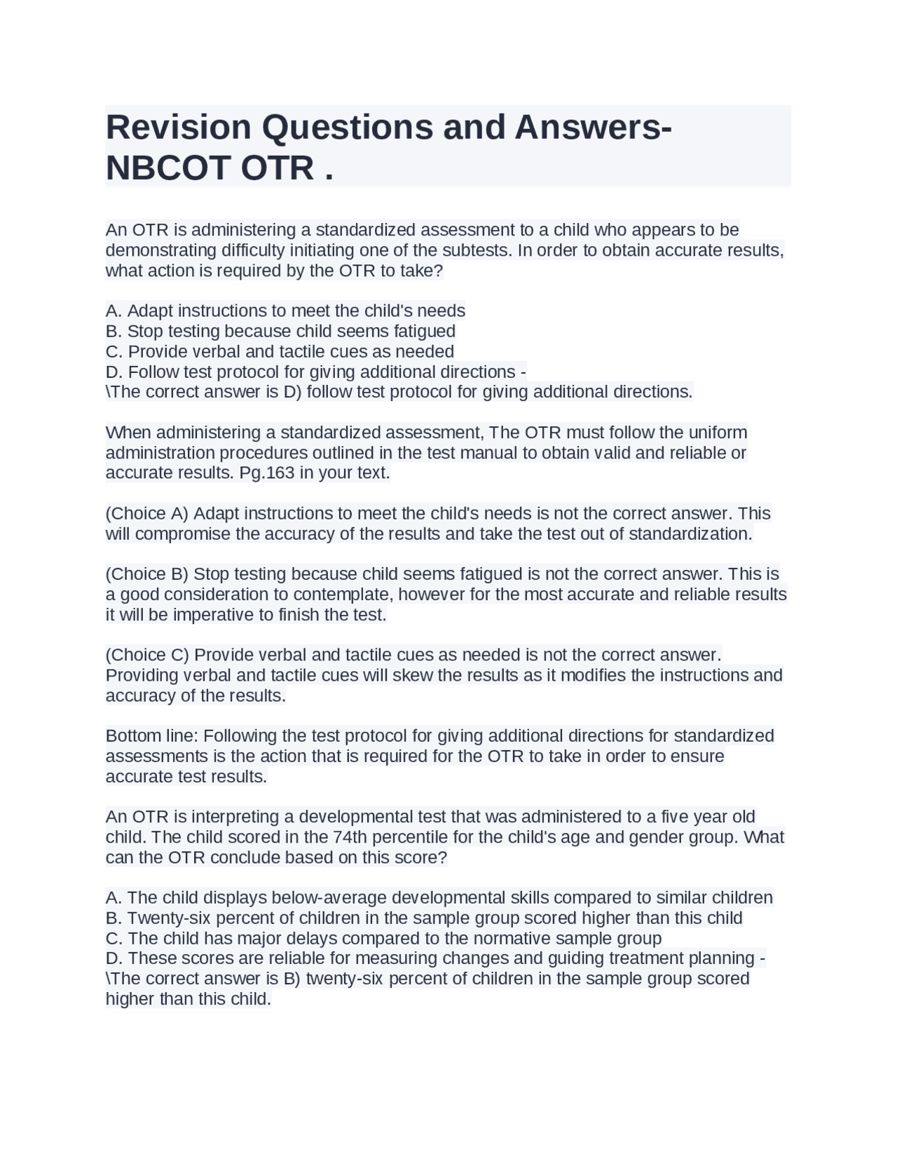 Revision Questions and Answers-NBCOT OTR . | Exams Medicine | Docsity