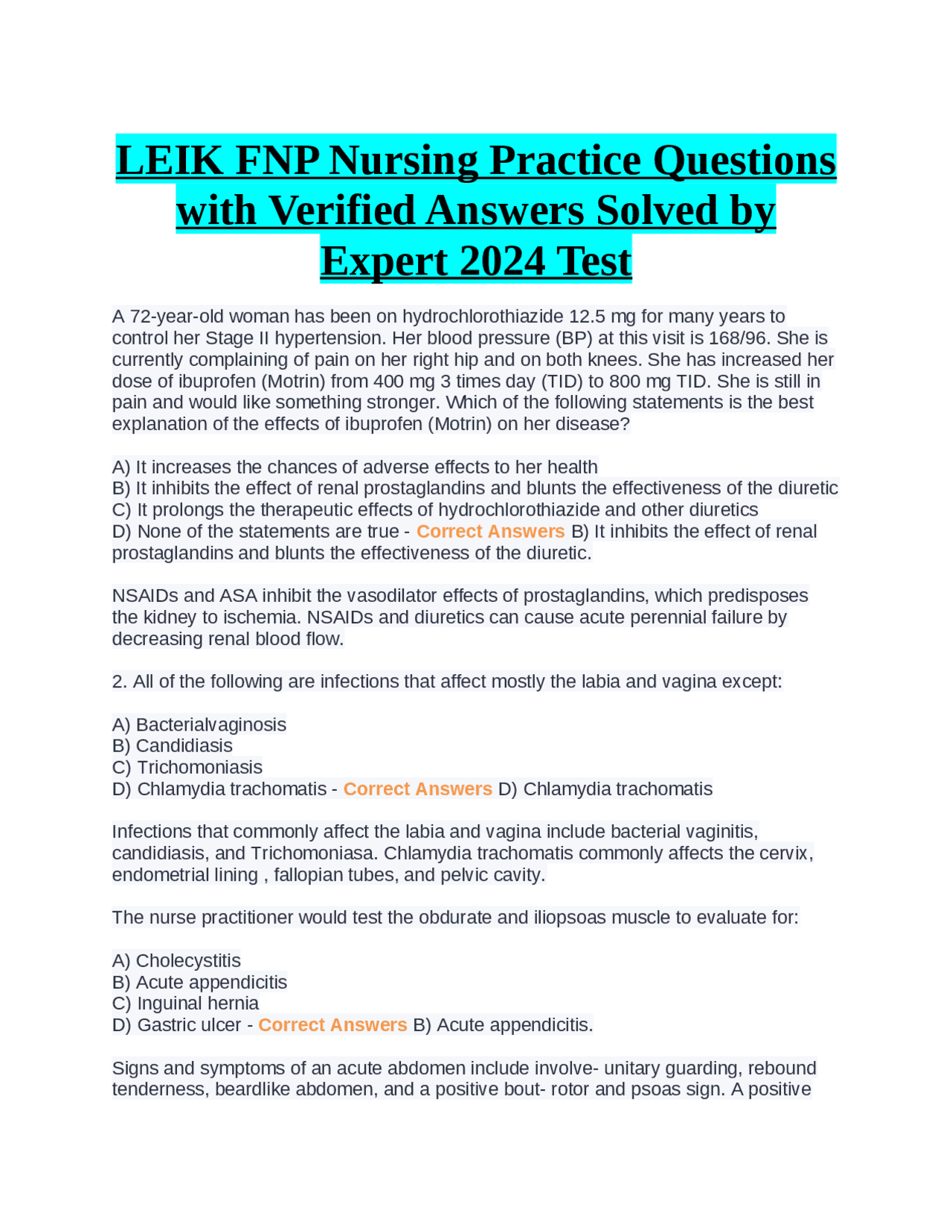 LEIK FNP Nursing Practice Questions with Verified Answers Solved by ...