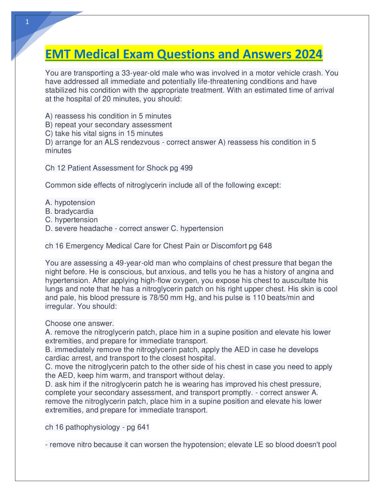 EMT Medical Exam Questions and Answers 2024: Emergency Medical Care and ...