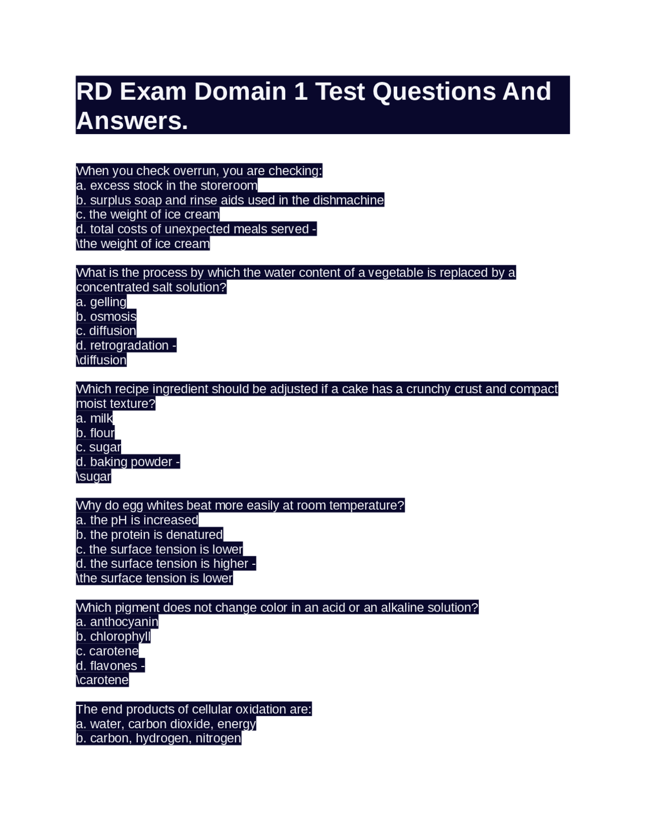 RD Exam Domain 1 Test Questions And Answers. | Exams Medicine | Docsity