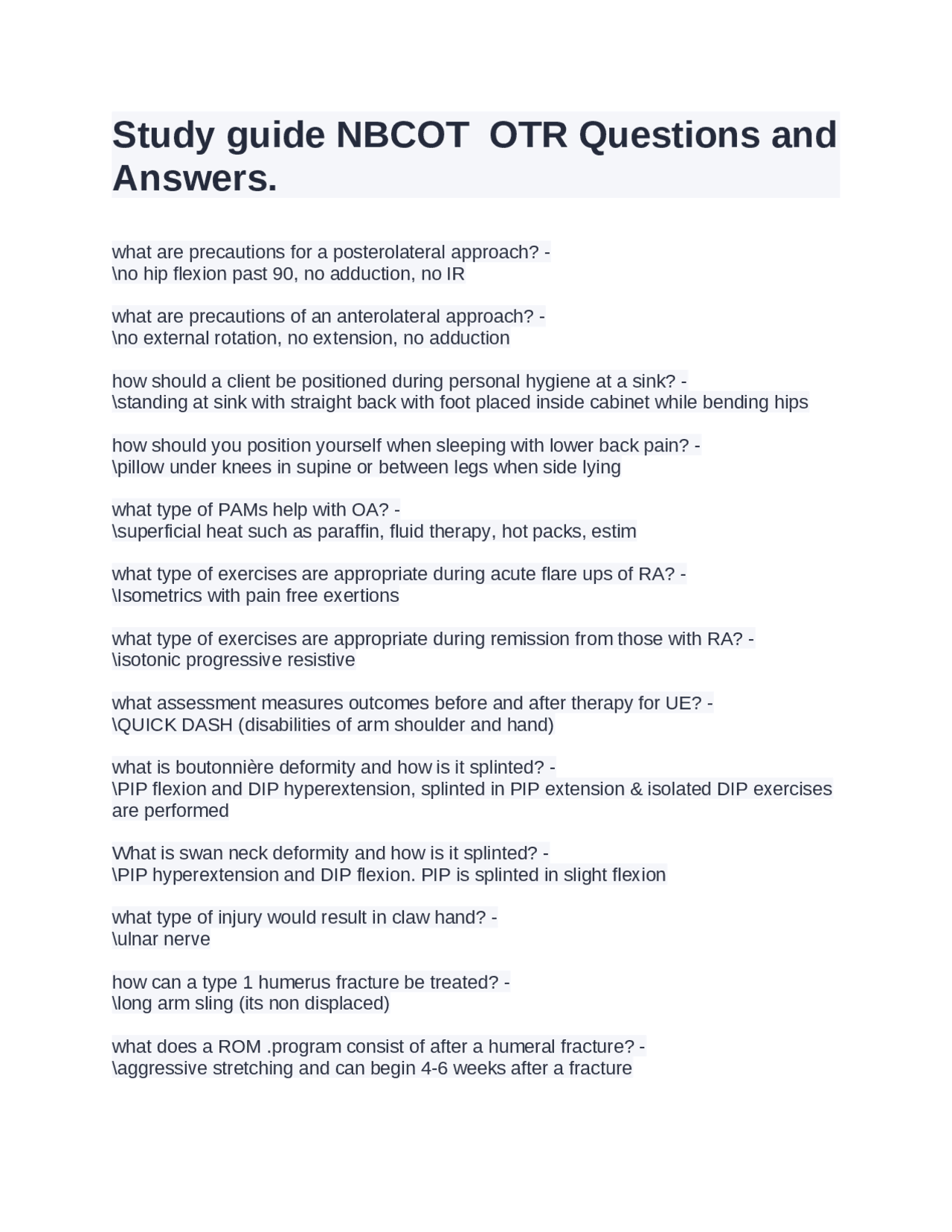 Study guide NBCOT OTR Questions and Answers. | Exams Medicine | Docsity