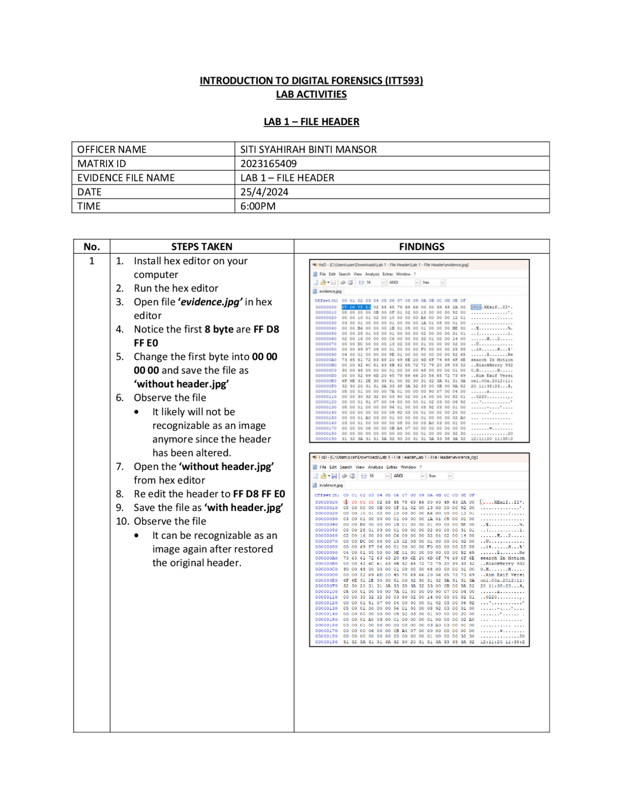 LAB 1 - FILE HEADER (ITT593) | Assignments Computer Systems Networking and Telecommunications ...