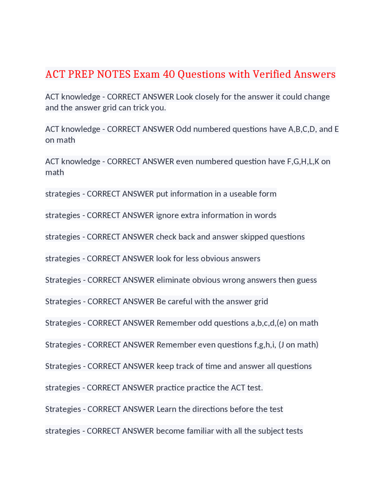 ACT PREP NOTES Exam 40 Questions with Verified Answers,100% CORRECT ...