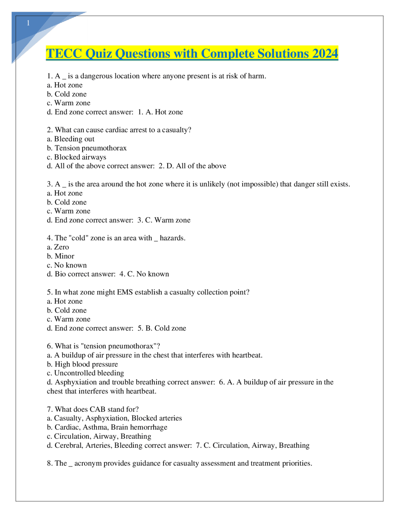 TECC Quiz Questions with Complete Solutions 2024 | Exams Nursing | Docsity