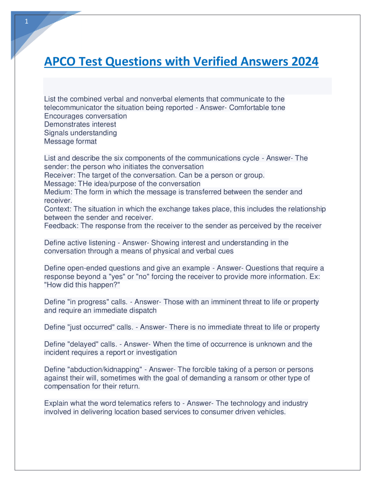 APCO Test Questions with Verified Answers 2024 | Exams Nursing | Docsity