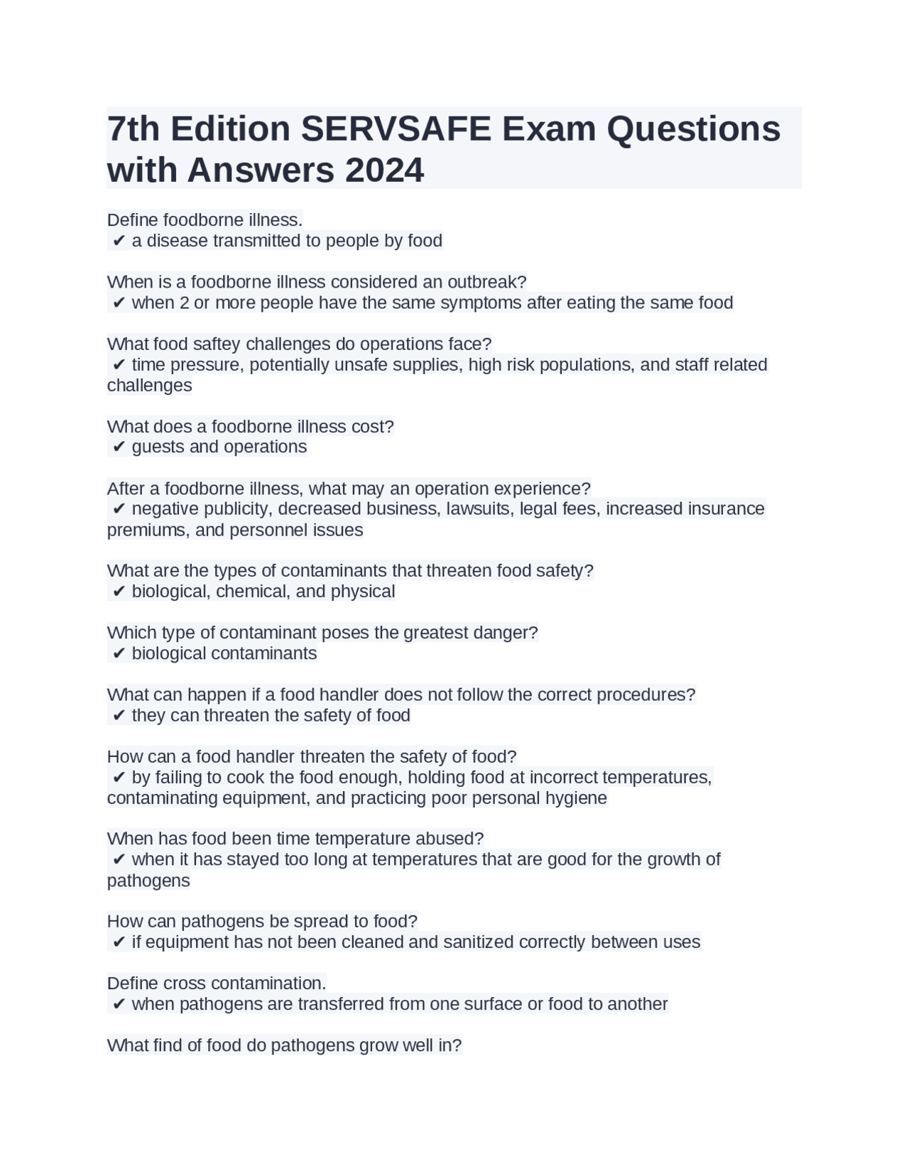 7th Edition SERVSAFE Exam Questions with Answers 2024 | Exams Medicine | Docsity