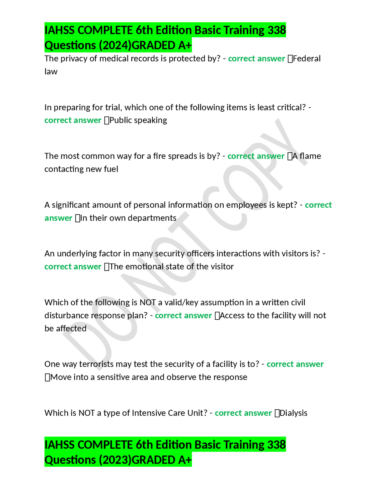 IAHSS COMPLETE 6th Edition Basic Training 338 Questions (2024)GRADED A+ ...