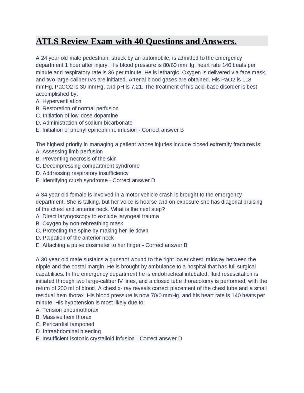 ATLS Review Exam with 40 Questions and Answers. | Exams ...