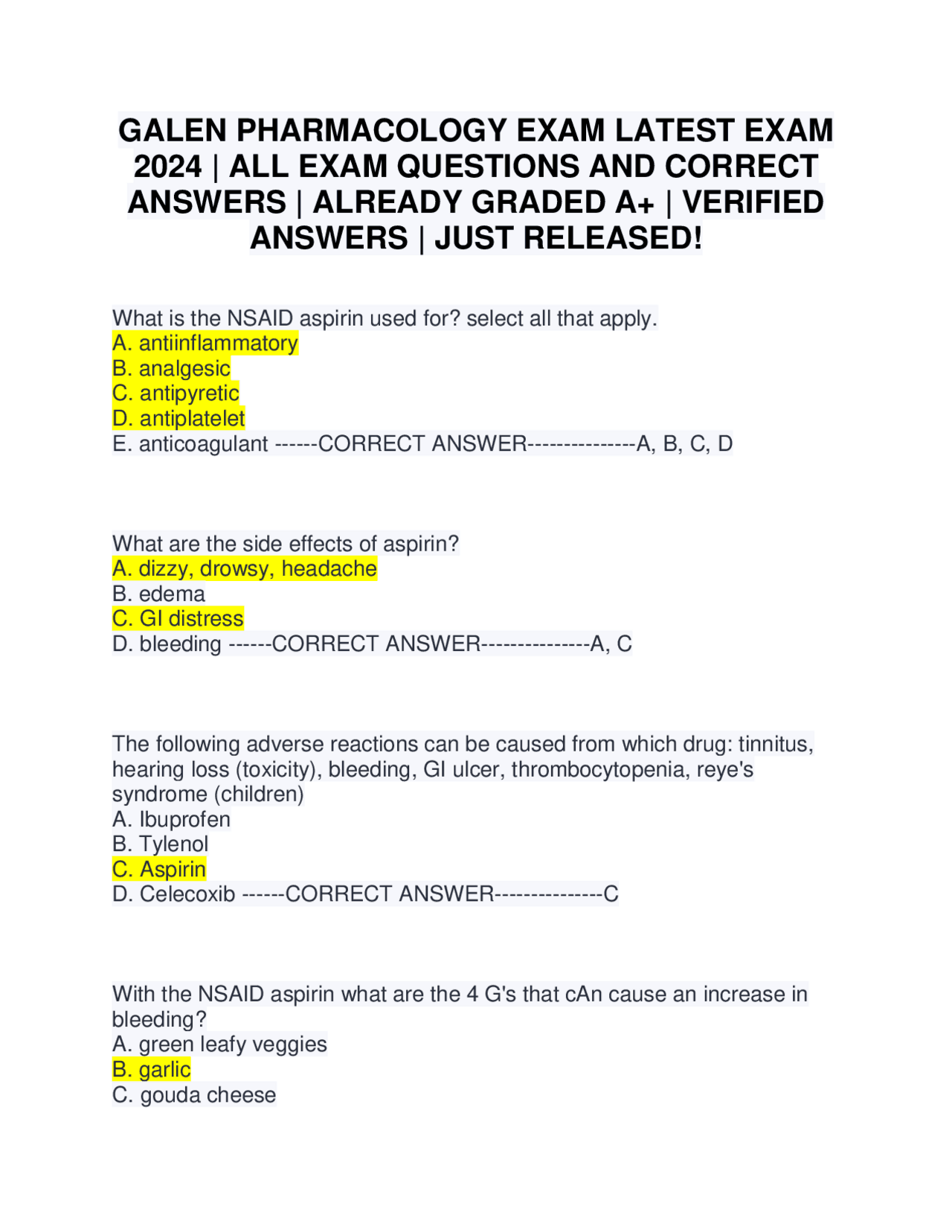 GALEN PHARMACOLOGY EXAM LATEST EXAM 2024 | ALL EXAM QUESTIONS AND ...