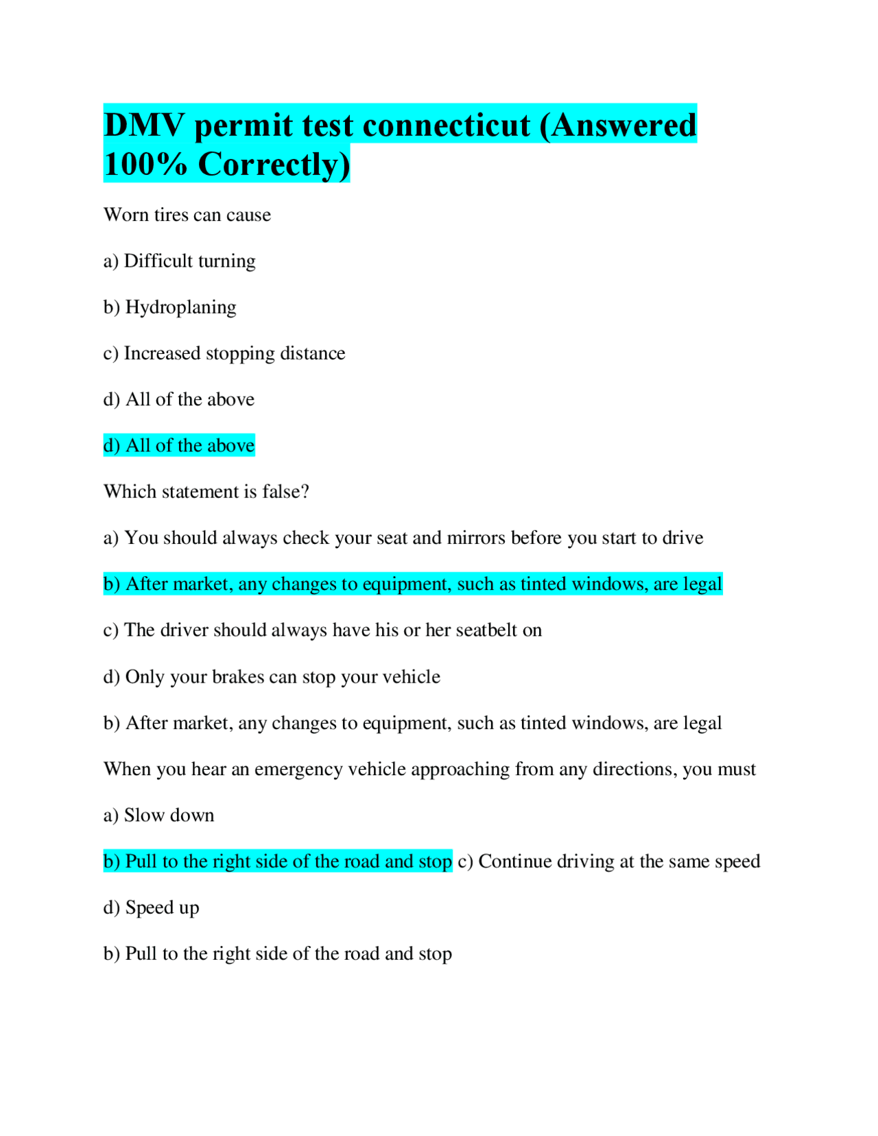 DMV permit test connecticut (Answered 100% Correctly) | Exams European ...