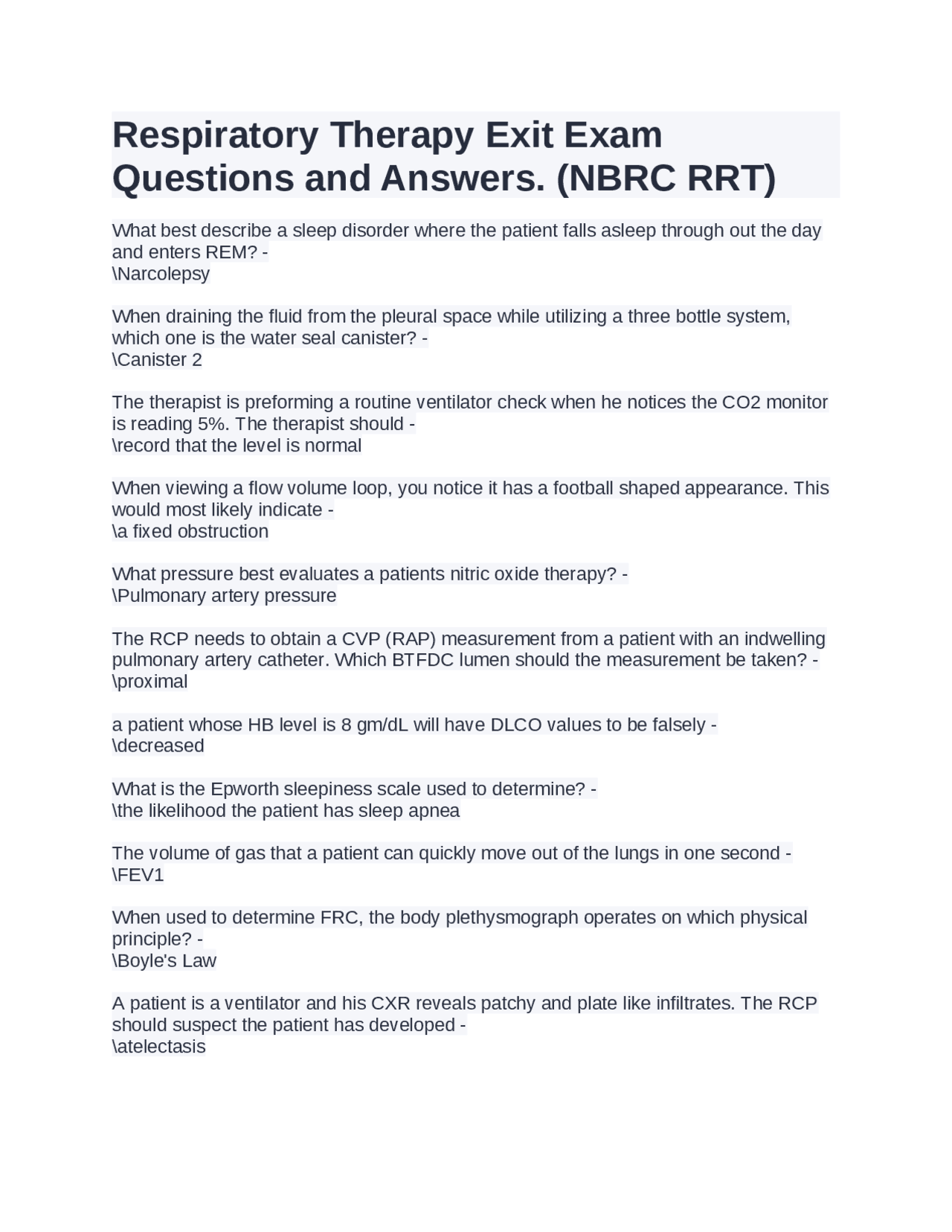 Respiratory Therapy Exit Exam Questions and Answers. (NBRC RRT) | Exams ...