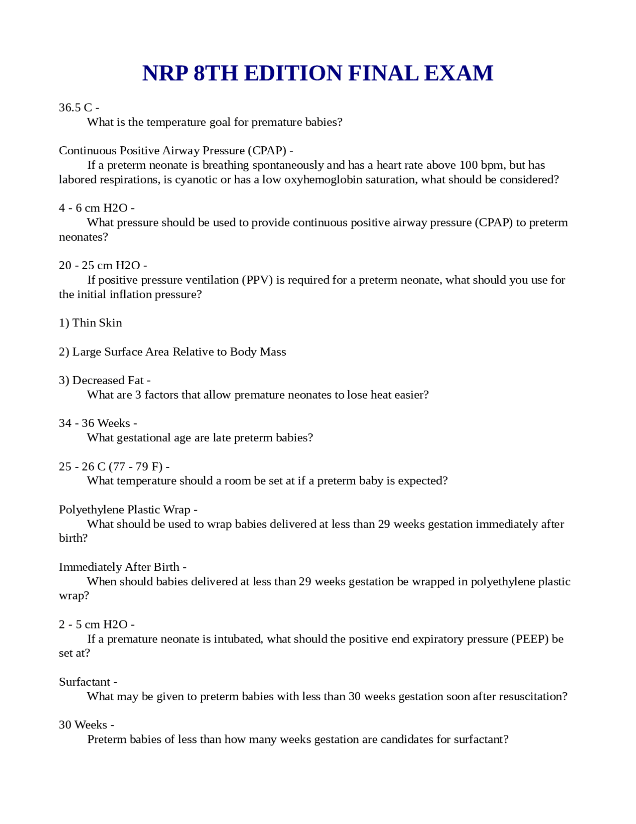 NRP 8th Edition: Care for Preterm Neonates | Exams Nursing | Docsity