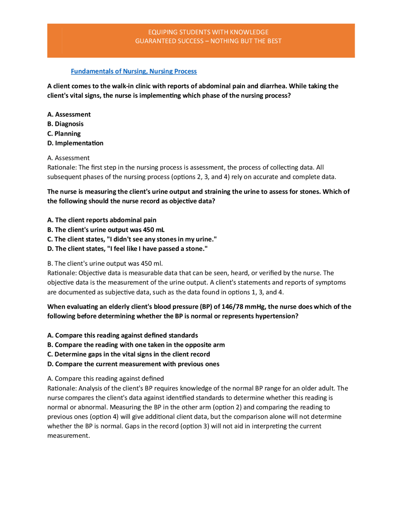 Fundamentals of Nursing, Nursing Process EXAM QUESTIONS &ANSWERS GRADED ...