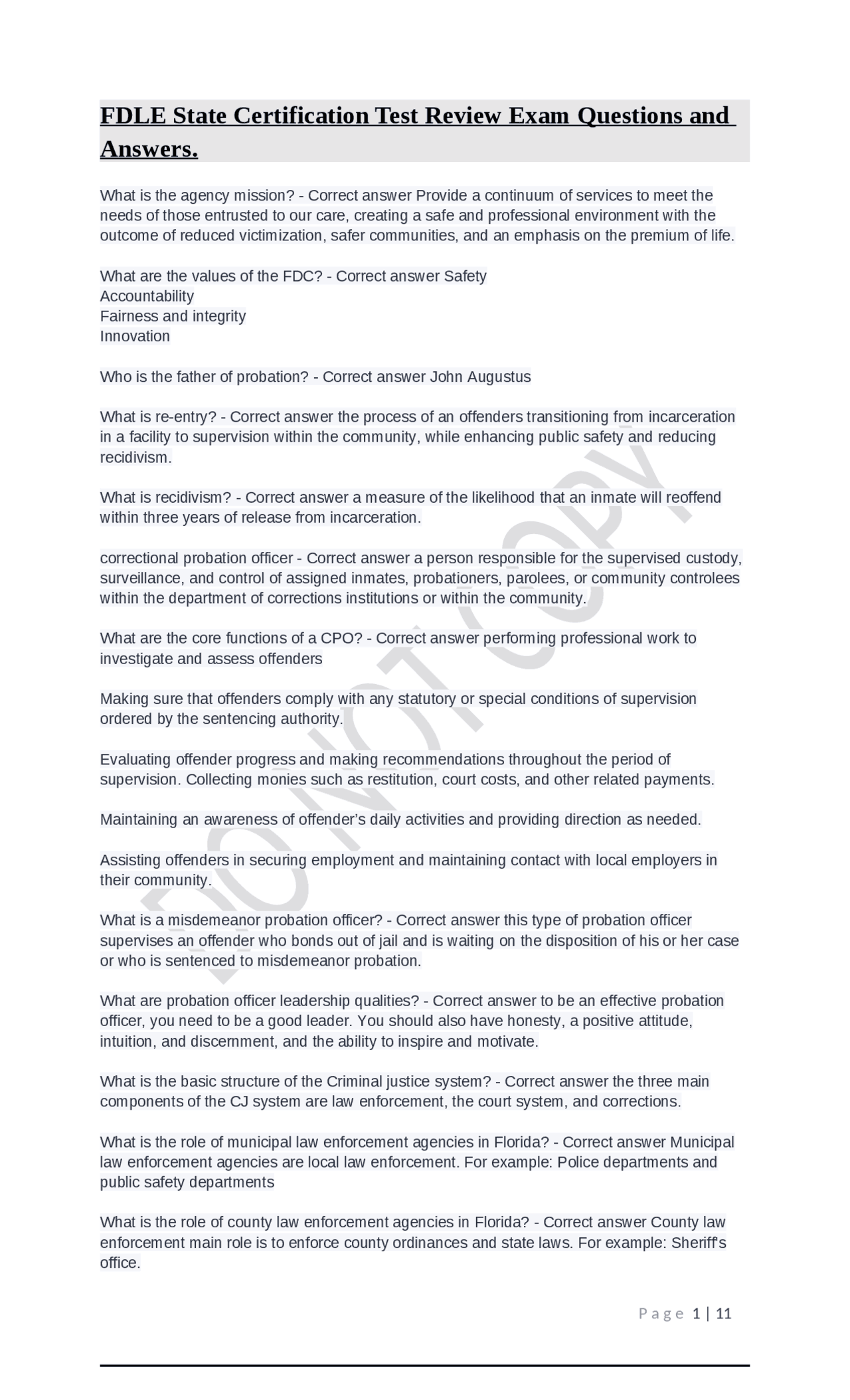 FDLE State Certification Test Review Exam Questions and Answers ...